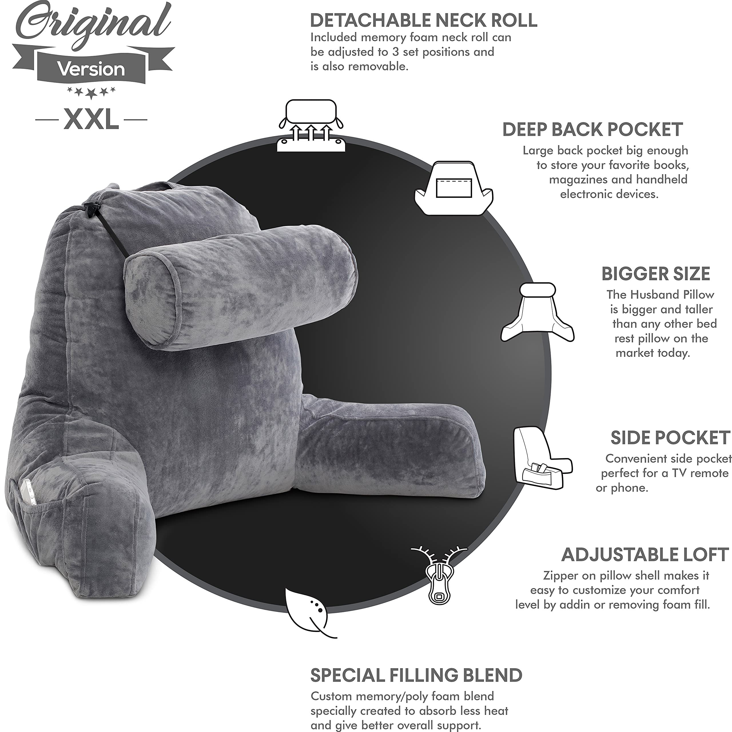 Husband Pillow Combo - Backrest Pillow with Arms : XXL Dark Grey & Lap Desk Bed Tray : Grey - Memory Foam Reading Pillows for Bed w/Removable Neck Roll & Laptop Bed Tray Table