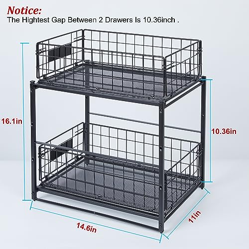 Upgraded Under Sink Organizers and Storage, Pull Out Under Bathroom Cabinet Organizer with A Extra Multiple Functional Basket, Sliding Out Closet Organizer Basket, Height Between 2 Drawers: 10.36in