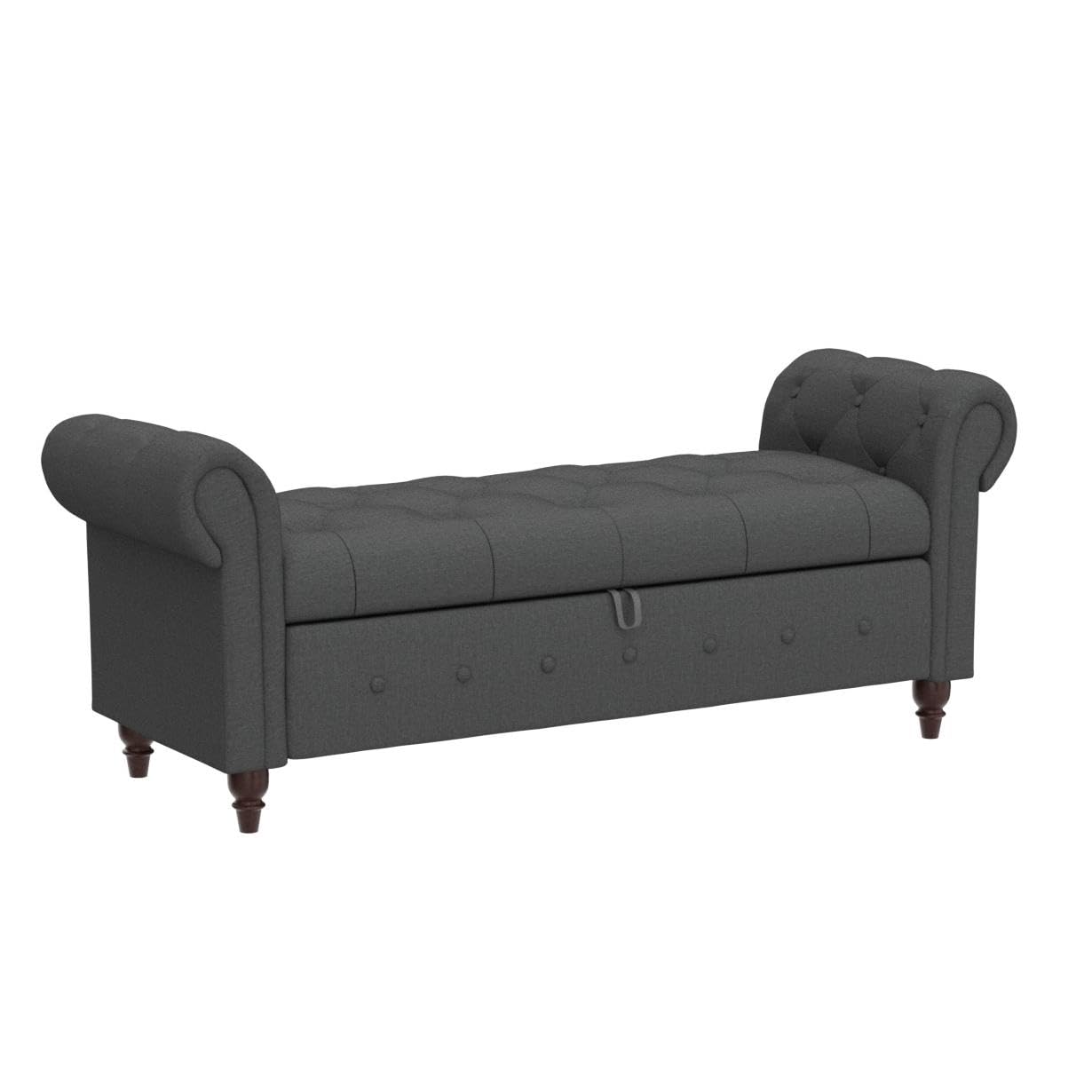HANLIVES 63" End of Bed Bench,Button Tufted Storage Bench for Bedroom,Rolled Armed Linen Fabric Upholstered Window Bench Seat,Ottoman Bench with Solid Wood Legs for Entryway Living Room(Dark Grey)