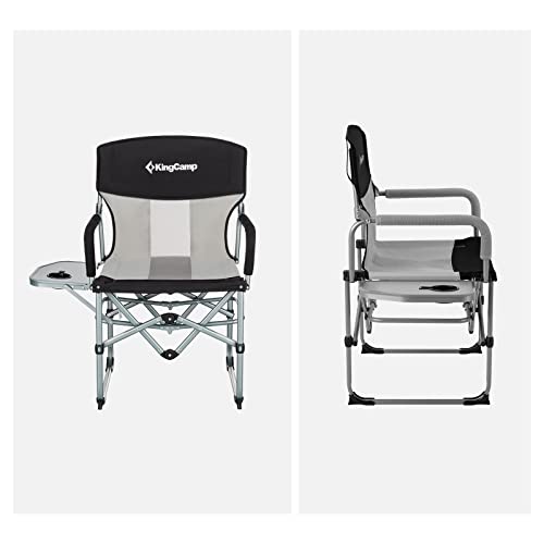 KingCamp Camping Director Chair for Adults Heavy Duty Folding Lawn for Outside with Side Table Mesh Back Padded Armrest for Outdoor Beach Backyard, Support 300 lbs, Black/Mediumgrey