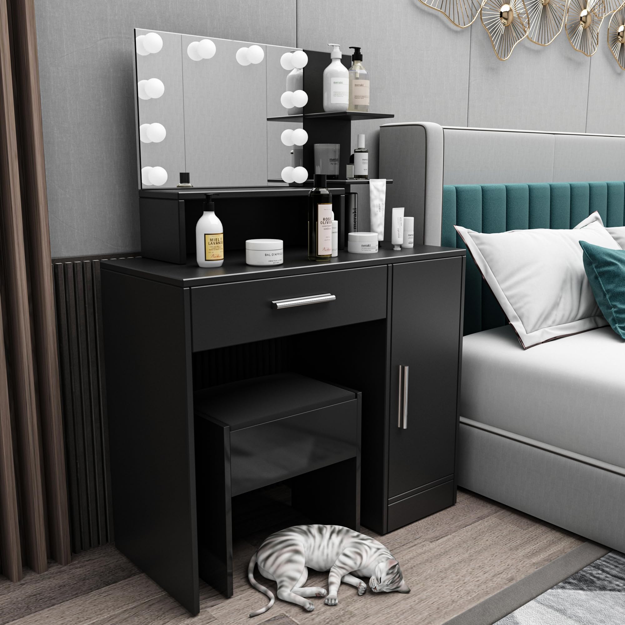 JOYSOURCE Large Vanity Set with 10 Light Bulbs, Black Makeup Vanity Table with Cushioned Stool, Vanity Desk with 3 Shelves & 1 Large Drawer & 1 Storage Cabinet, Dressing Table for Women, Girl, Bedroom
