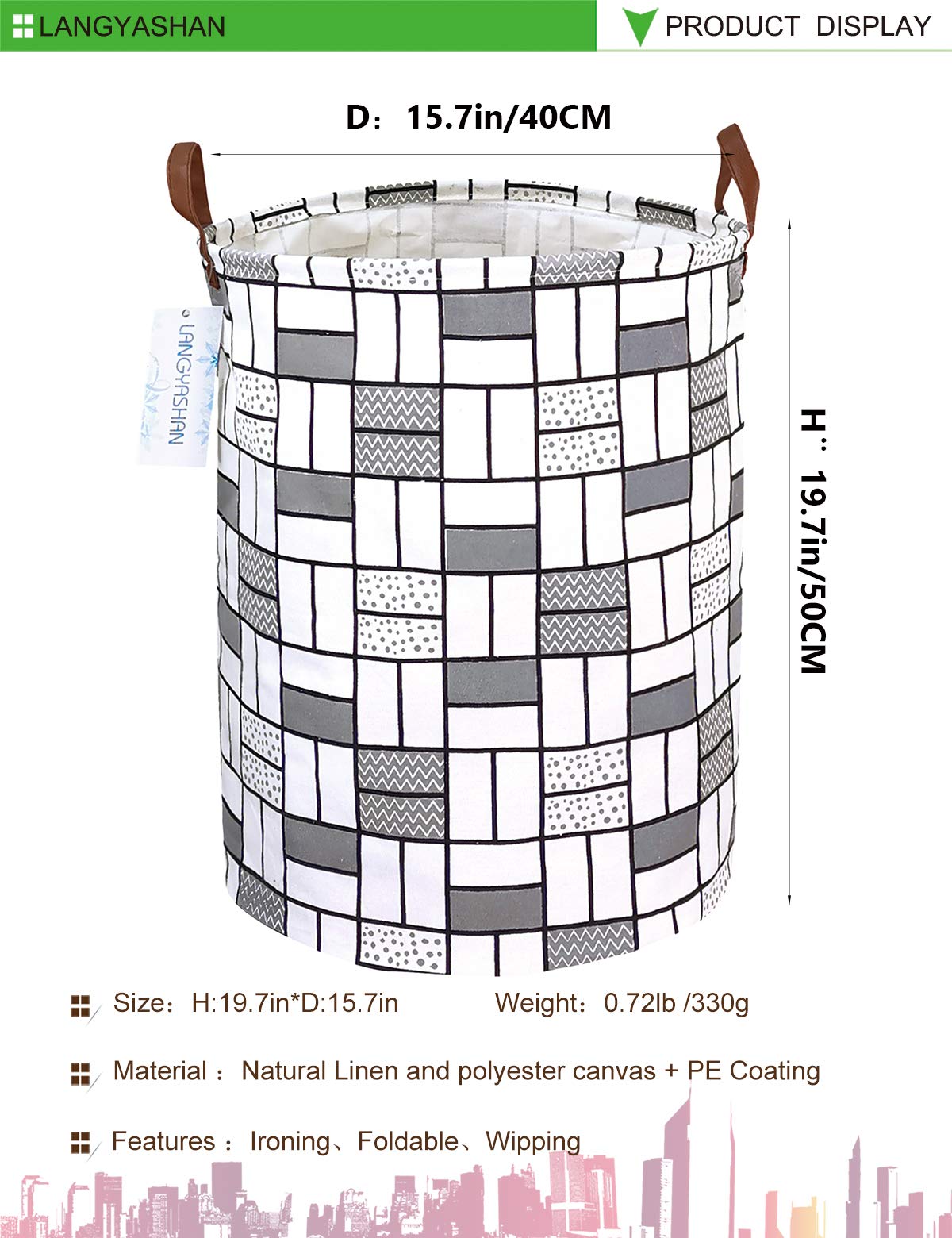 LANGYASHAN Storage Bin, Canvas Fabric Collapsible Organizer Basket for Laundry Hamper,Toy Bins,Gift Baskets, Bedroom, Clothes,Baby Nursery (Round Grey bricks)