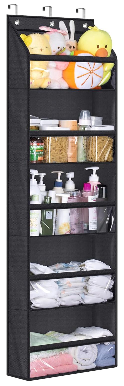KEETDY Over the Door Organizer Storage Hanging Shelves for Closet Door with 5 Large Pockets Fits Bedroom, Bathroom,Dorm for Clothes Storage, Baby Diapers, Stuffed Animals, Black