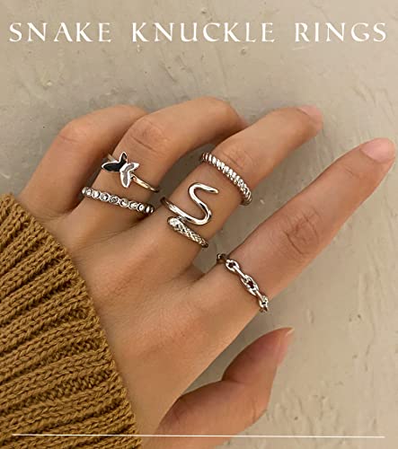 iF YOU 30 Pcs Vintage Knuckle Rings Set, Boho Butterfly Snake Stackable Finger Rings for Women, Silver Midi Rings Pack