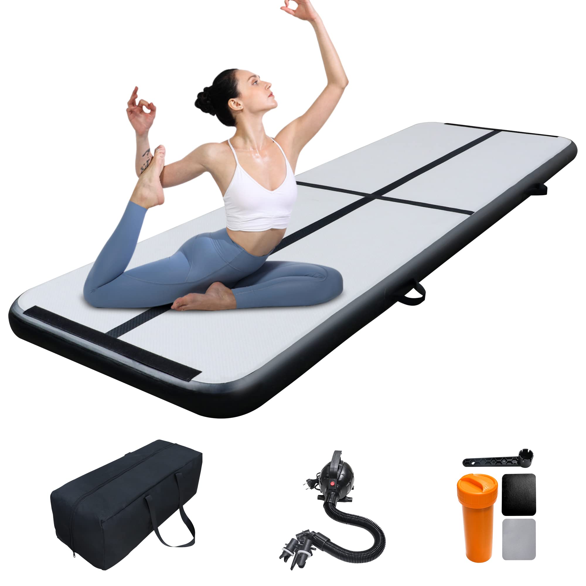 Jospolf Air Tumbling Mat,10ft/13ft/16ft/20ft Inflatable Gymnastics Air Mat for Gymnastics Training/Home Use/Yoga/Water (Black)