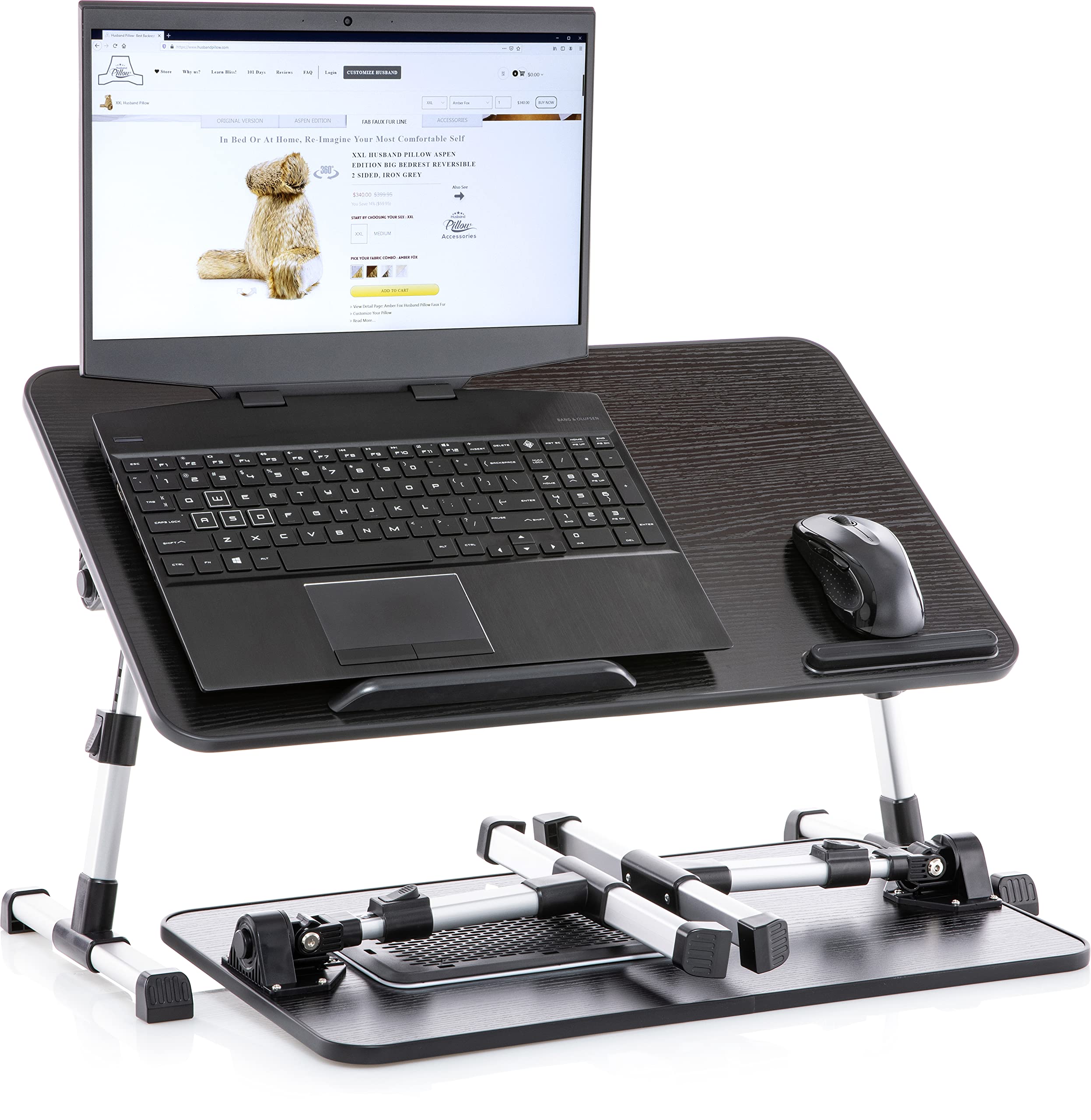 Husband Pillow Combo - Backrest Pillow with Arms : Medium Mauve Purple & Lap Desk Bed Tray : XXL Black - Aspen Memory Foam Reading Pillows for Bed w/Removable Neck Roll & Laptop Bed Tray Table