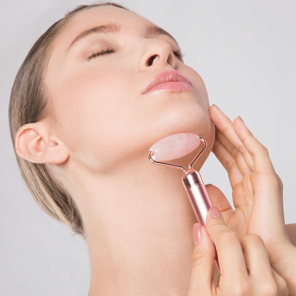 Heaven of Joy Authentic Premium Electric Rose Quartz Roller and Anti-Aging Gua Sha Set, Beauty Massager Tool for Deep Massages and Skin Rejuvenation
