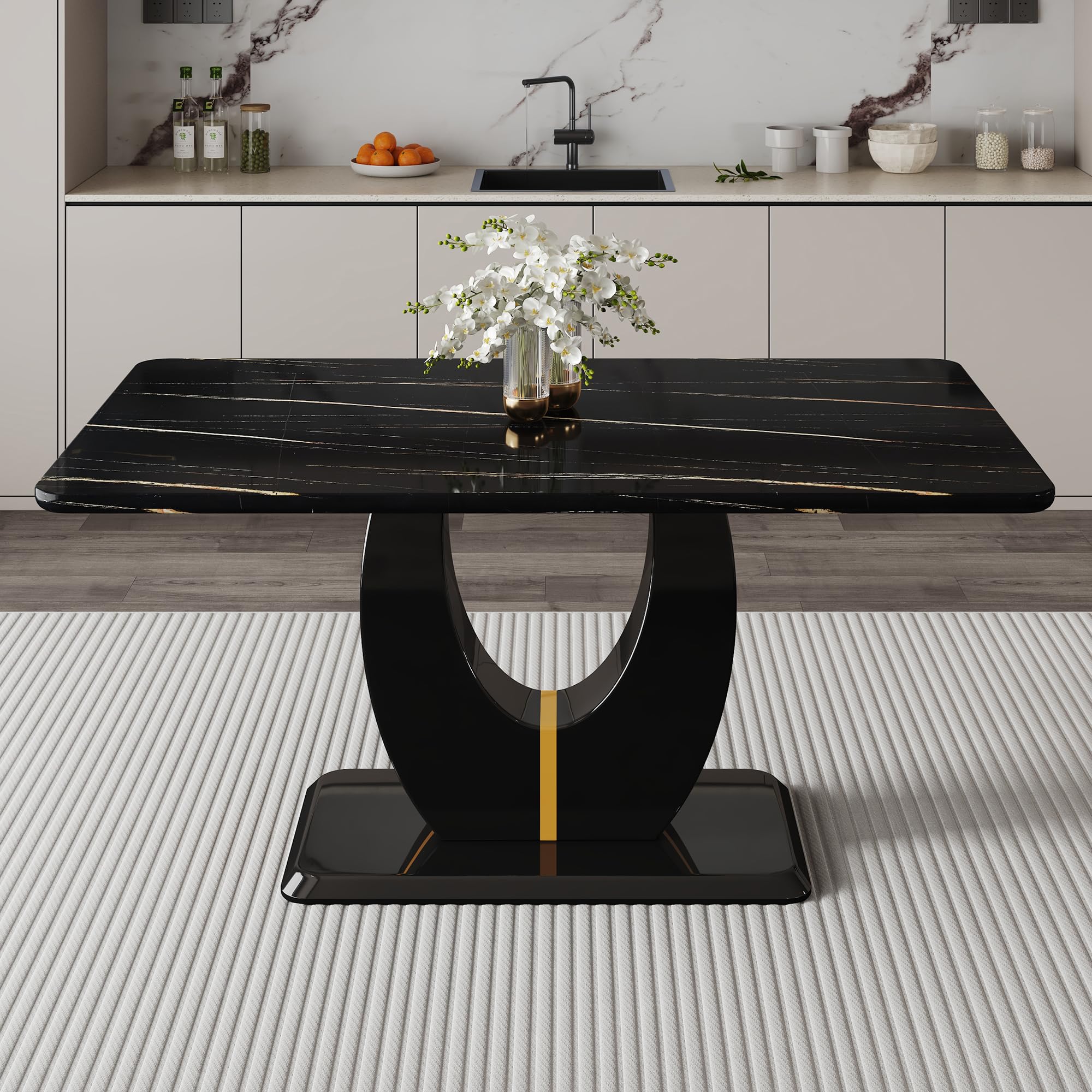 HomVent Faux Marble Pedestal Base Dining Table, 63” Modern Rectangle Kitchen Table Dining Room Table with Silver Wood U-Base for Dining Room, Living Room (63" Gray)
