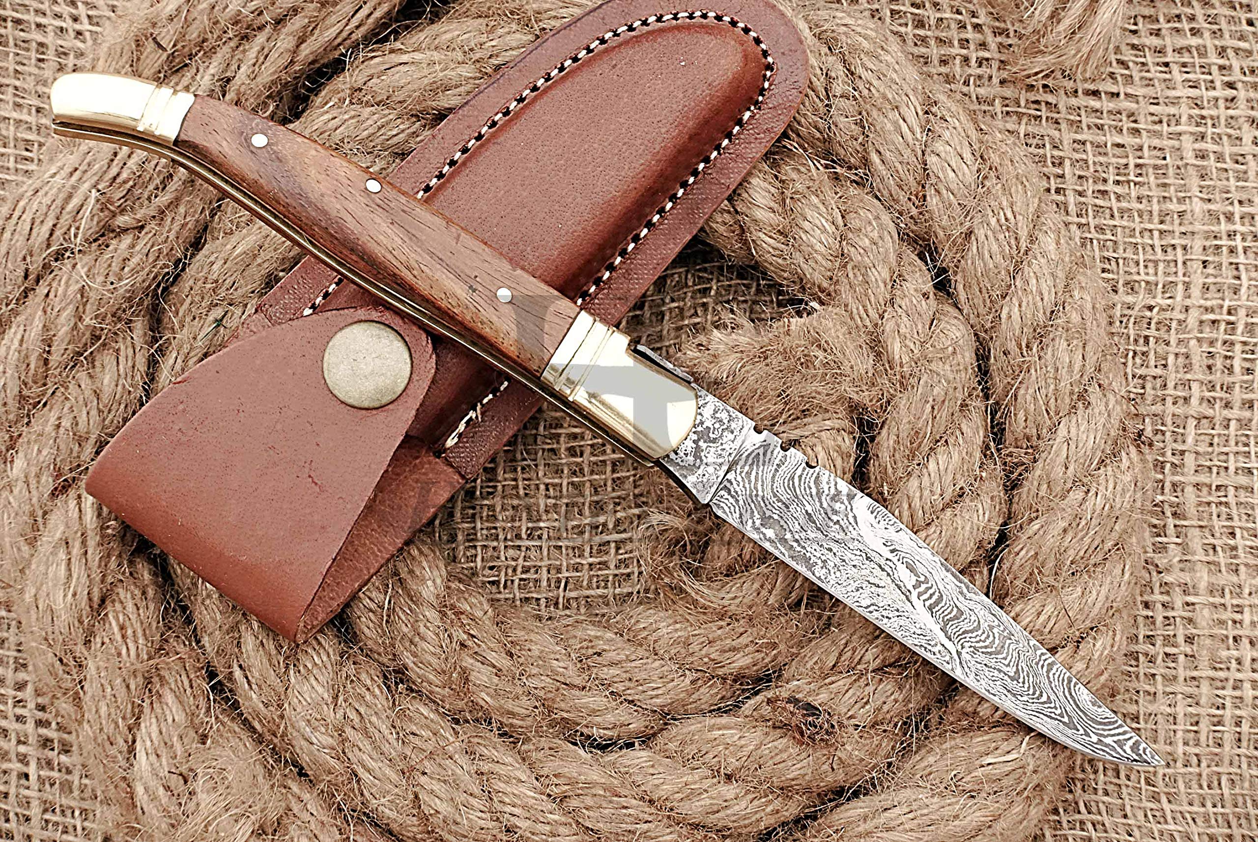HUNTEX Custom Handmade Hand-Forged Twist Pattern Damascus Steel 4 Inch Long Natural Rosewood Handle Razor Sharp Hunting Camping Folding Pocket French Lagouli Knife with Genuine Leather Pouch