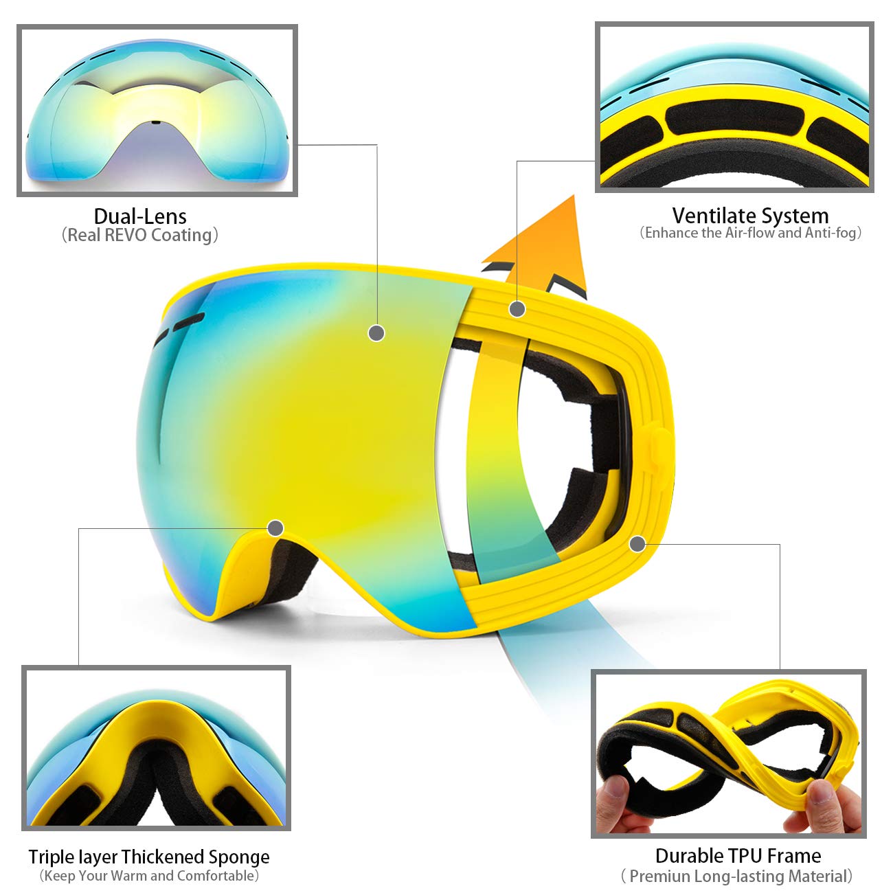 JULI Kids Ski Goggles,Interchangeable Double Layer Spherical Lens,OTG Anti-Fog Snowboard Skate Snow Goggles Age 4-16 4300(Yellow)