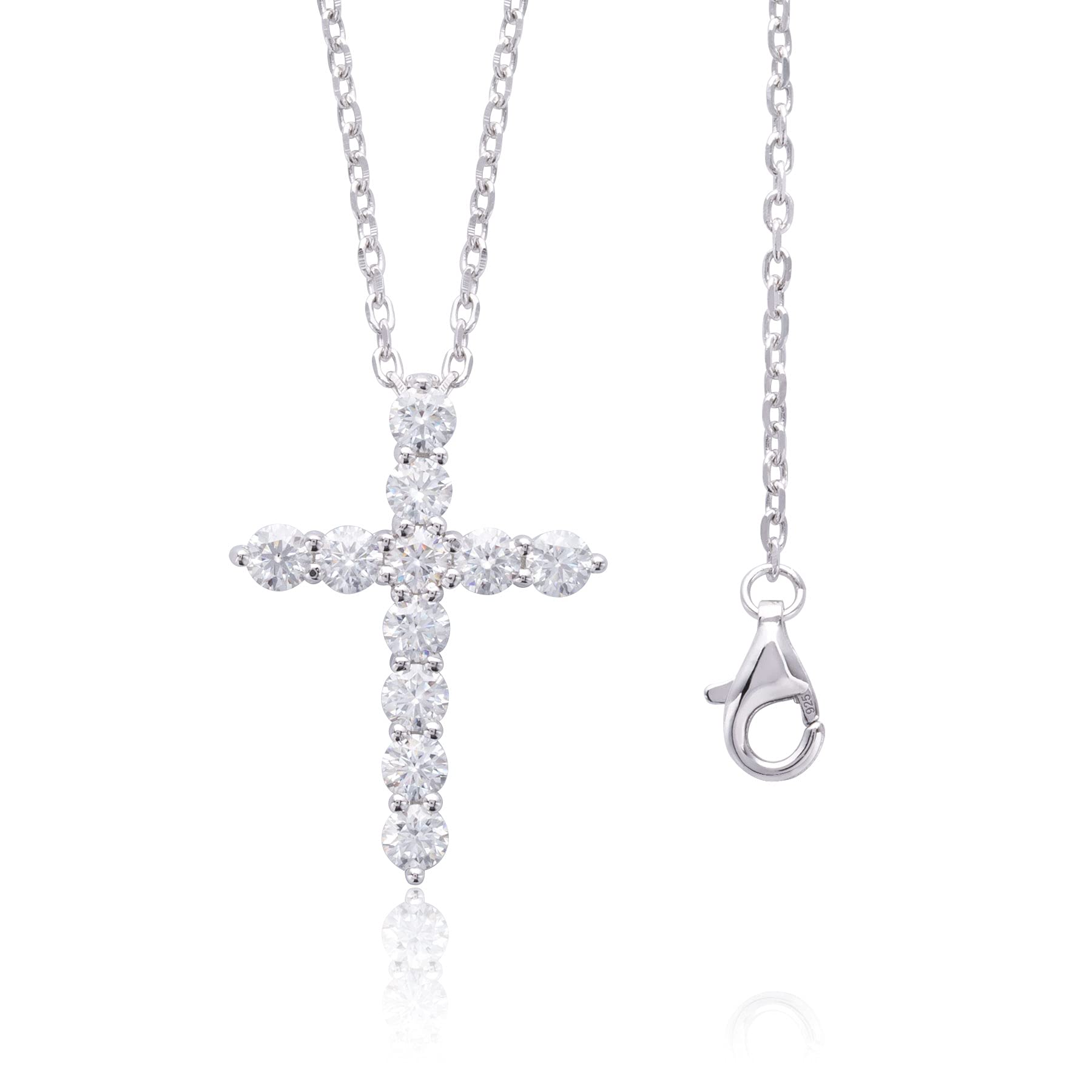 Ladylike 18K Gold Plated Sterling Silver Moissanite Cross Pendant Necklace for Women, with 11 Pieces of 3mm VVS1, D moissanites,Small and Exquisite Necklace,16+2" inches Necklace Chain (Silver)