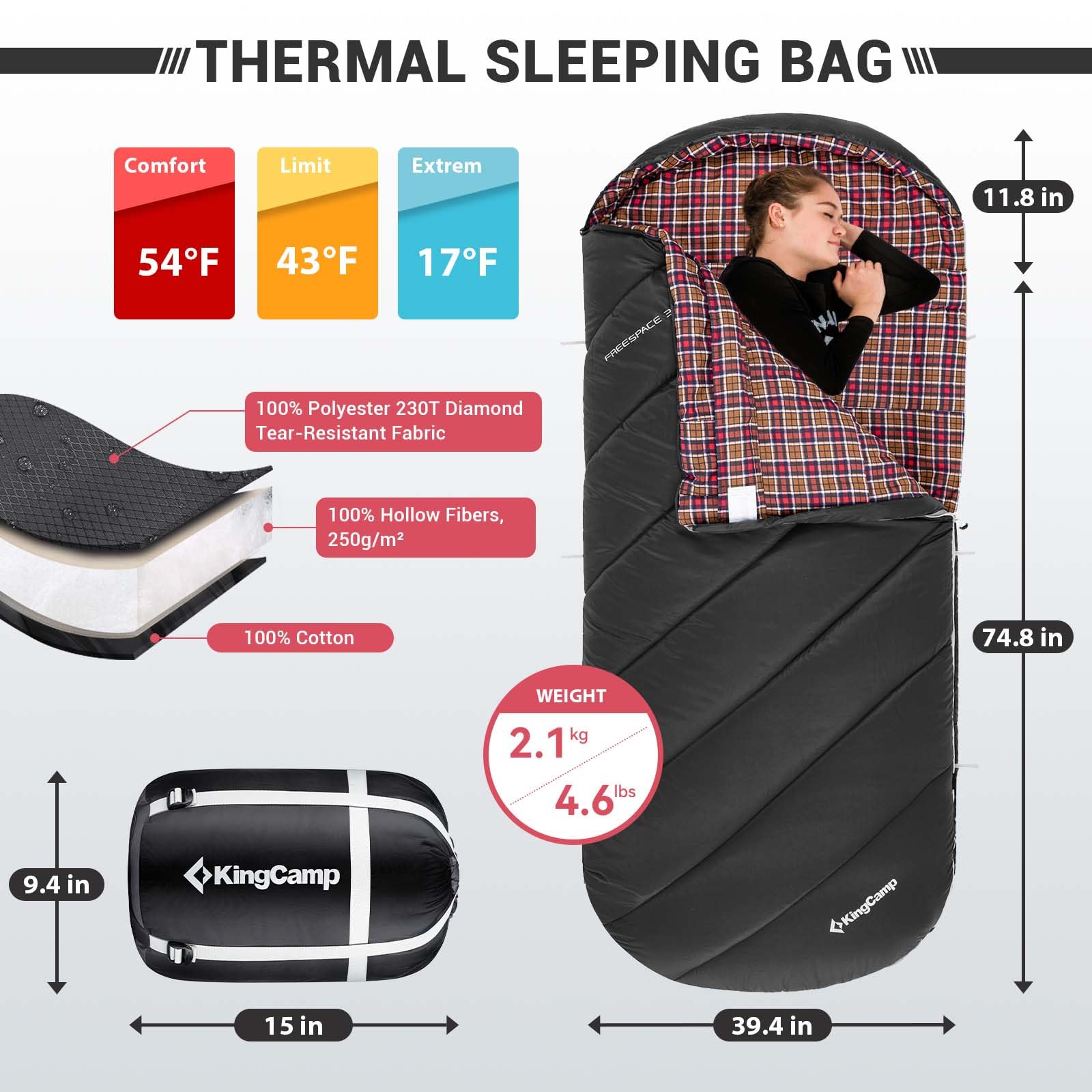 KingCamp Flannel Sleeping Bag for Adults, Warm&Cold Weather 4 Season Sleeping Bag, Extra Wide Sleeping Bag for Camping, Hinking, Backpacking