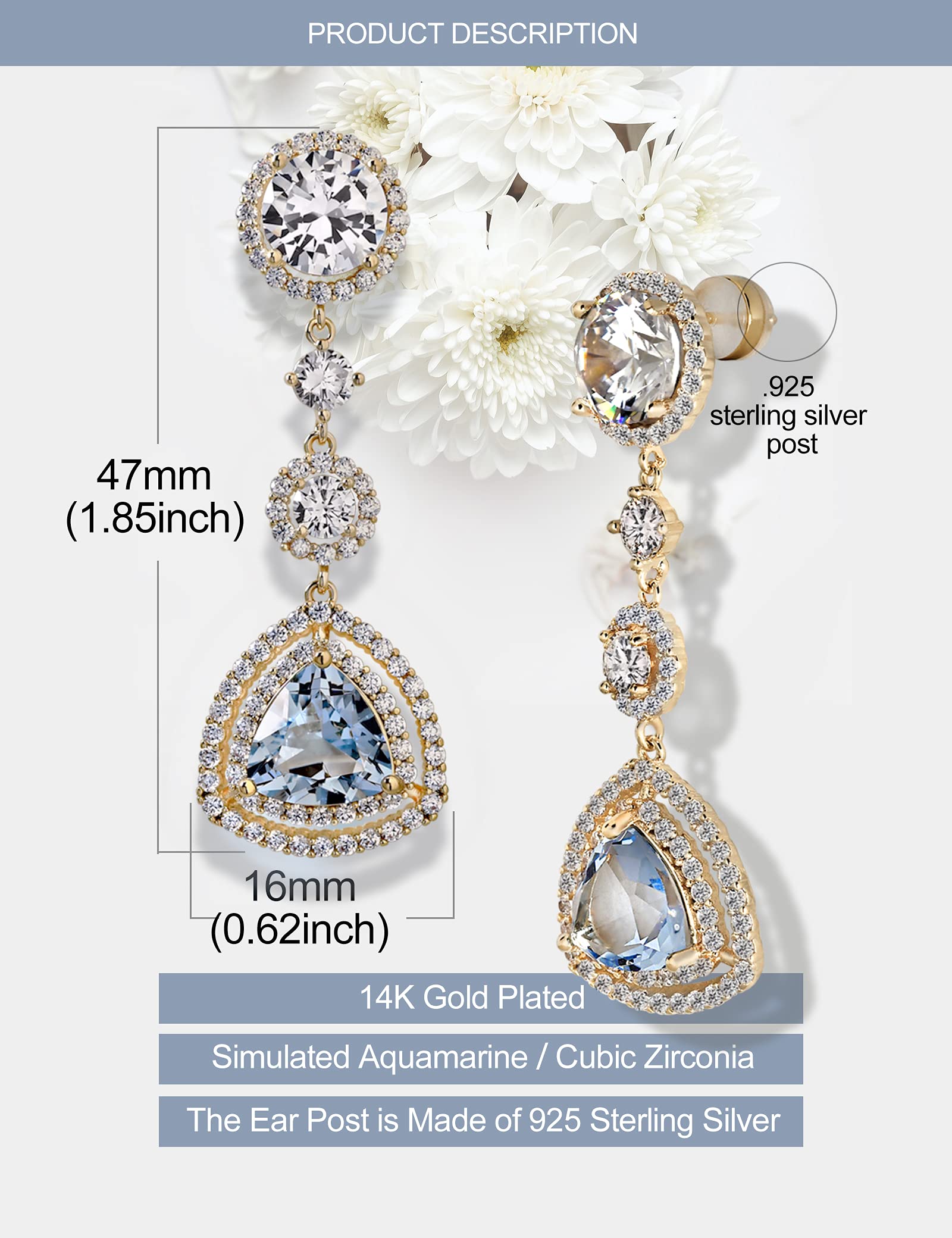 KZZENKI Sky Blue Created Aquamarine Earrings Gold Dangle Earrings for Women, Drop Chandelier Earrings Jewelry Trendy