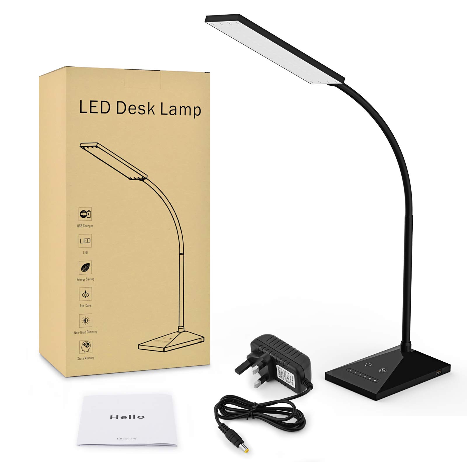 K&ZZ LED Desk Lamp, Dimmable Eye-Care Light for Office Study Lamp with USB Charging Port Touch Control Sensitive, 400LM 7-Level Dimmer & 5 Color Modes, Flexible Gooseneck Reading Light, Black