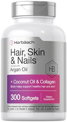 Horbäach Hair Skin and Nails Vitamins | 300 Softgels | with Biotin and Collagen | Infused with Argan Oil and Coconut Oil | Non-GMO, Gluten Free Supplement