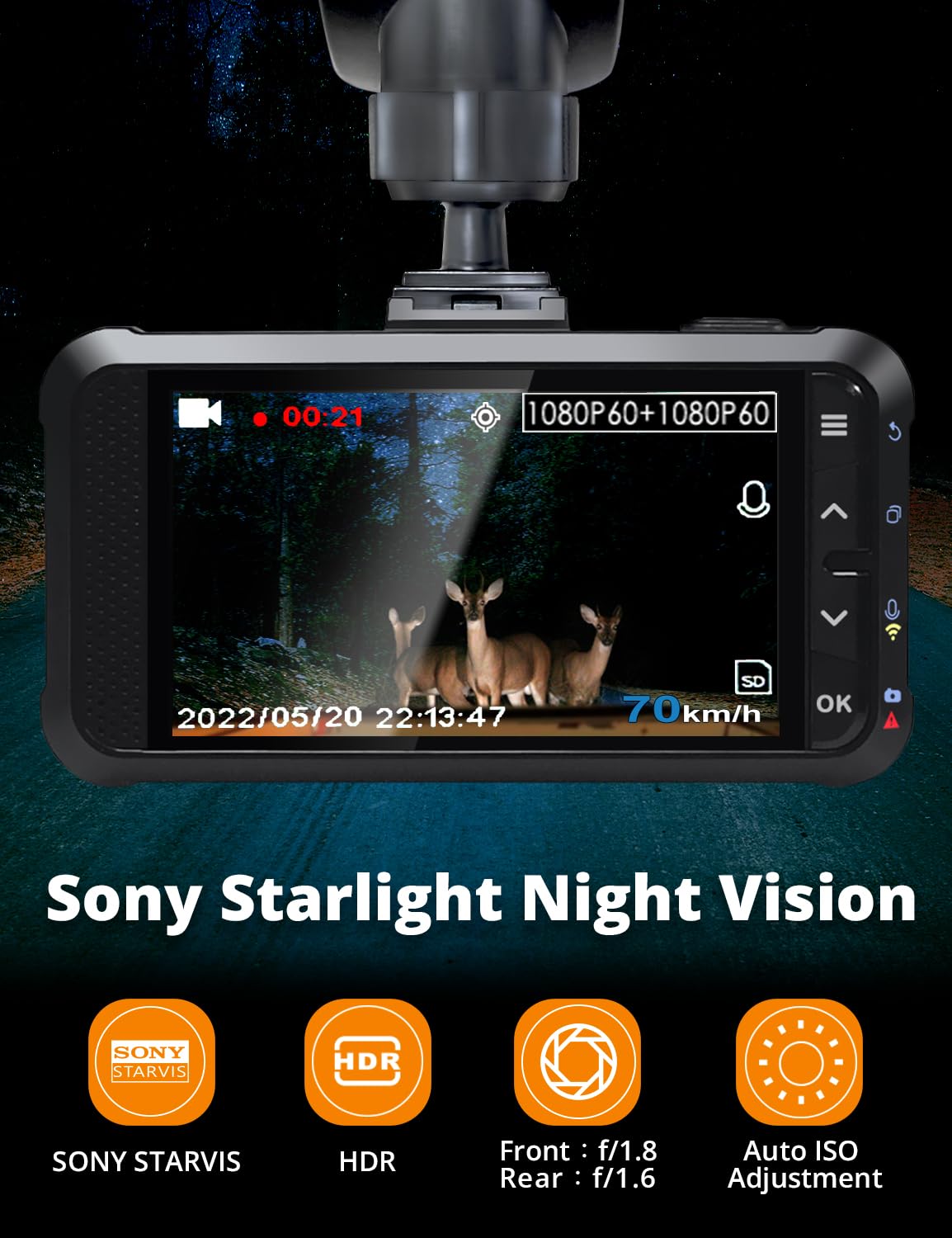 MASIGO A330D Dash Cam Front and Rear - Dual 1080P 60fps Dash Camera for Cars with WiFi, GPS and Speed, Stavis Night Vision, G Sensor Parking Mode, Loop Recording, Free APP, Support 512GB Max