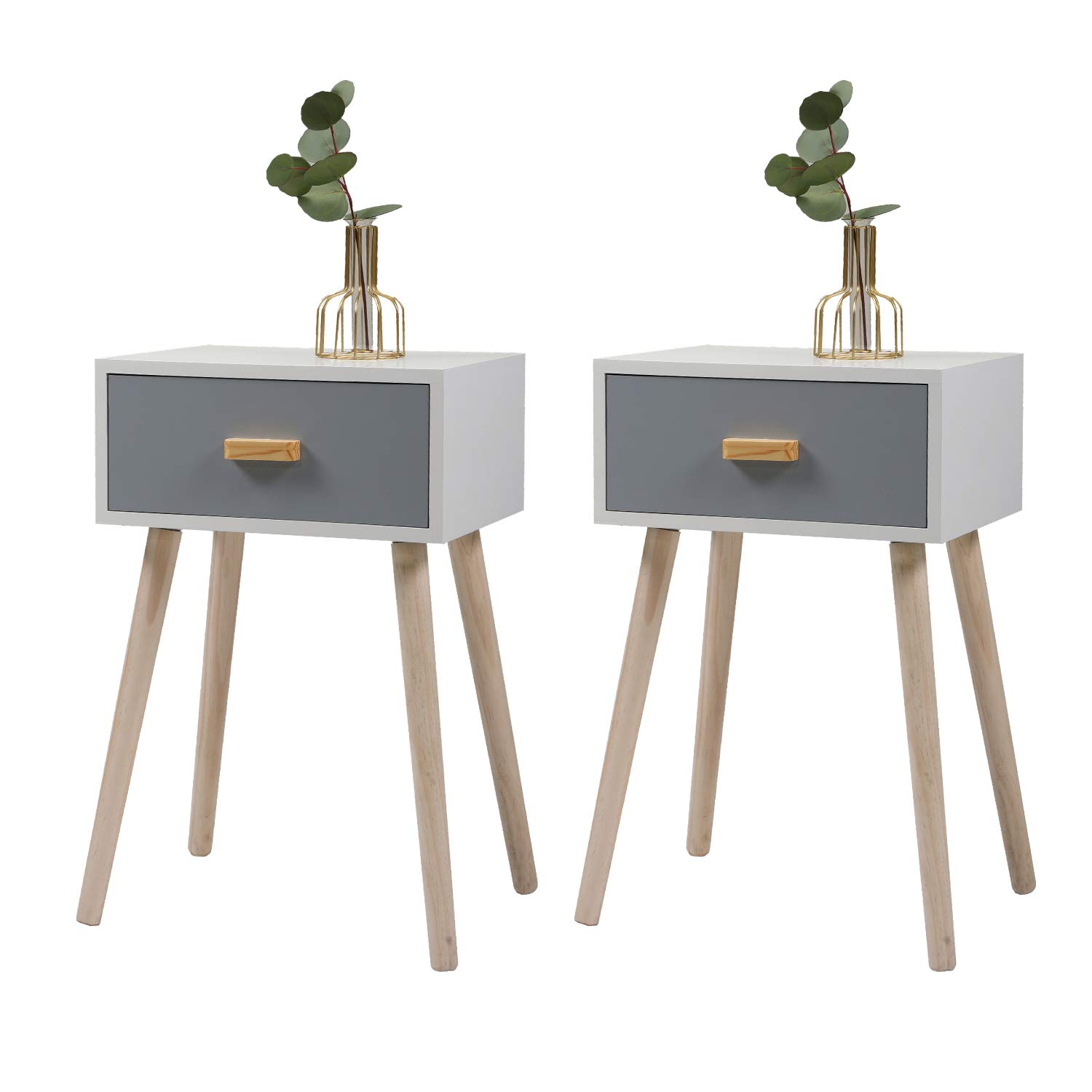 JAXSUNNY Set of 2 Mid-Century Wood Nightstand Side End Table with Storage Drawer and Solid Wood Legs, Bedside Table for Home Furniture,White+Silver Blue Pearl