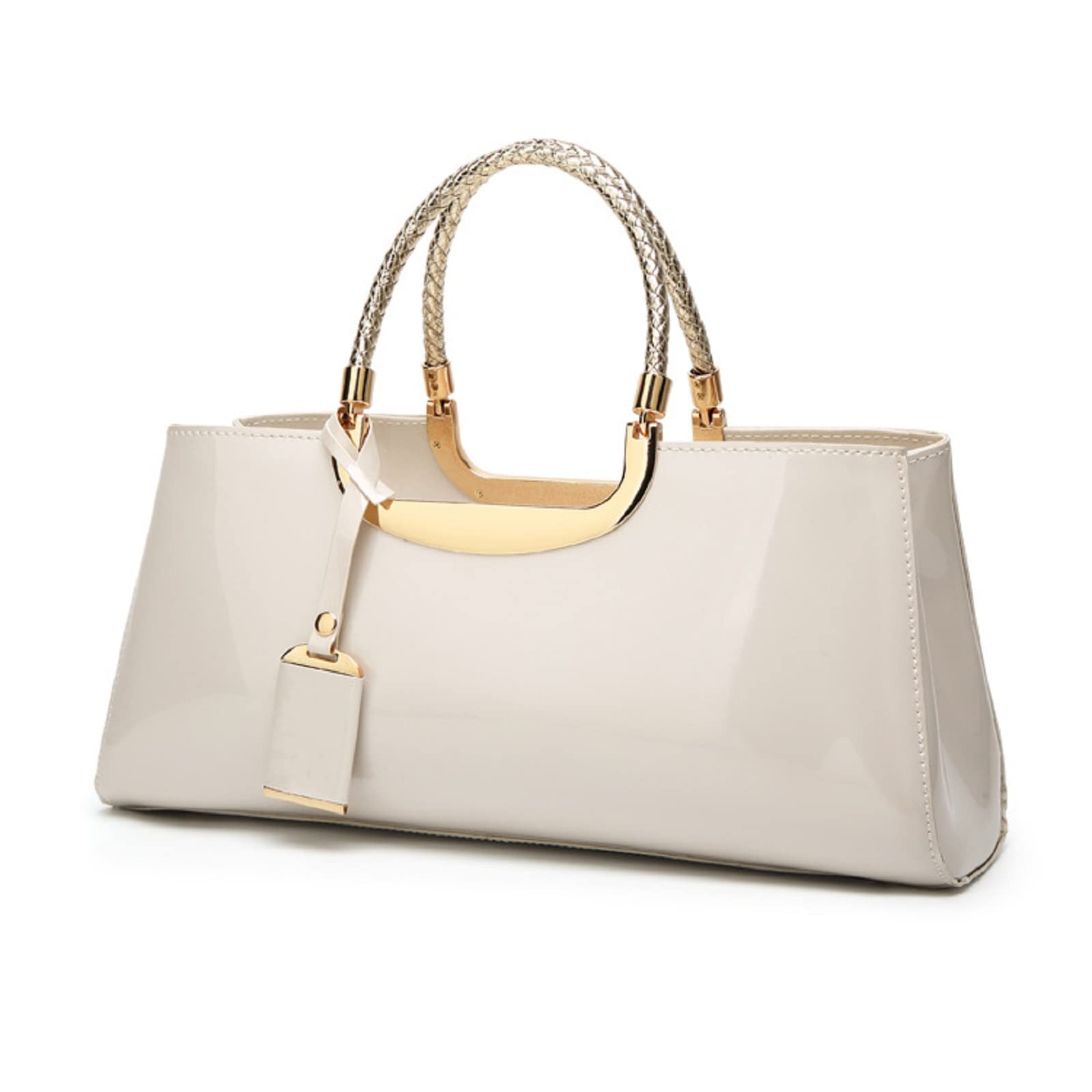 LMKIDS Glossy Faux Patent Leather Shoulder Handbag Women Evening Party Top Handle Satchel (White)