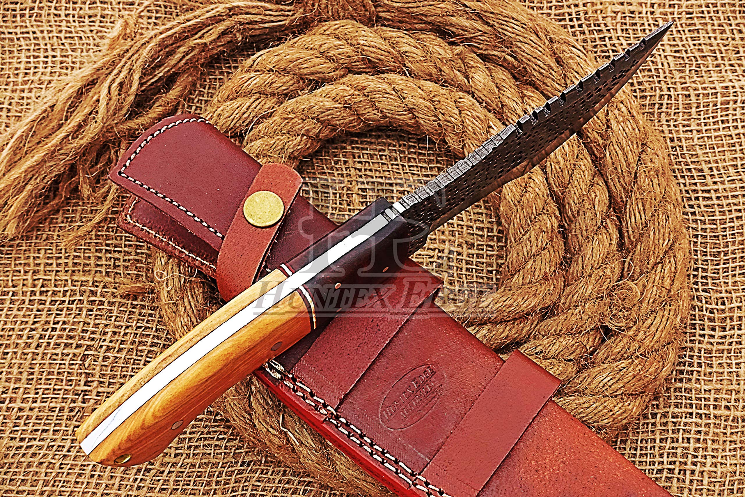 HUNTEX Handmade Exposed Hand-Forged Ladder Pattern Damascus Steel 10 Inch Long Full Tang Oak Wood Handle Razor Sharp Hunting Camping Tracker Knife w/Genuine Leather Pouch
