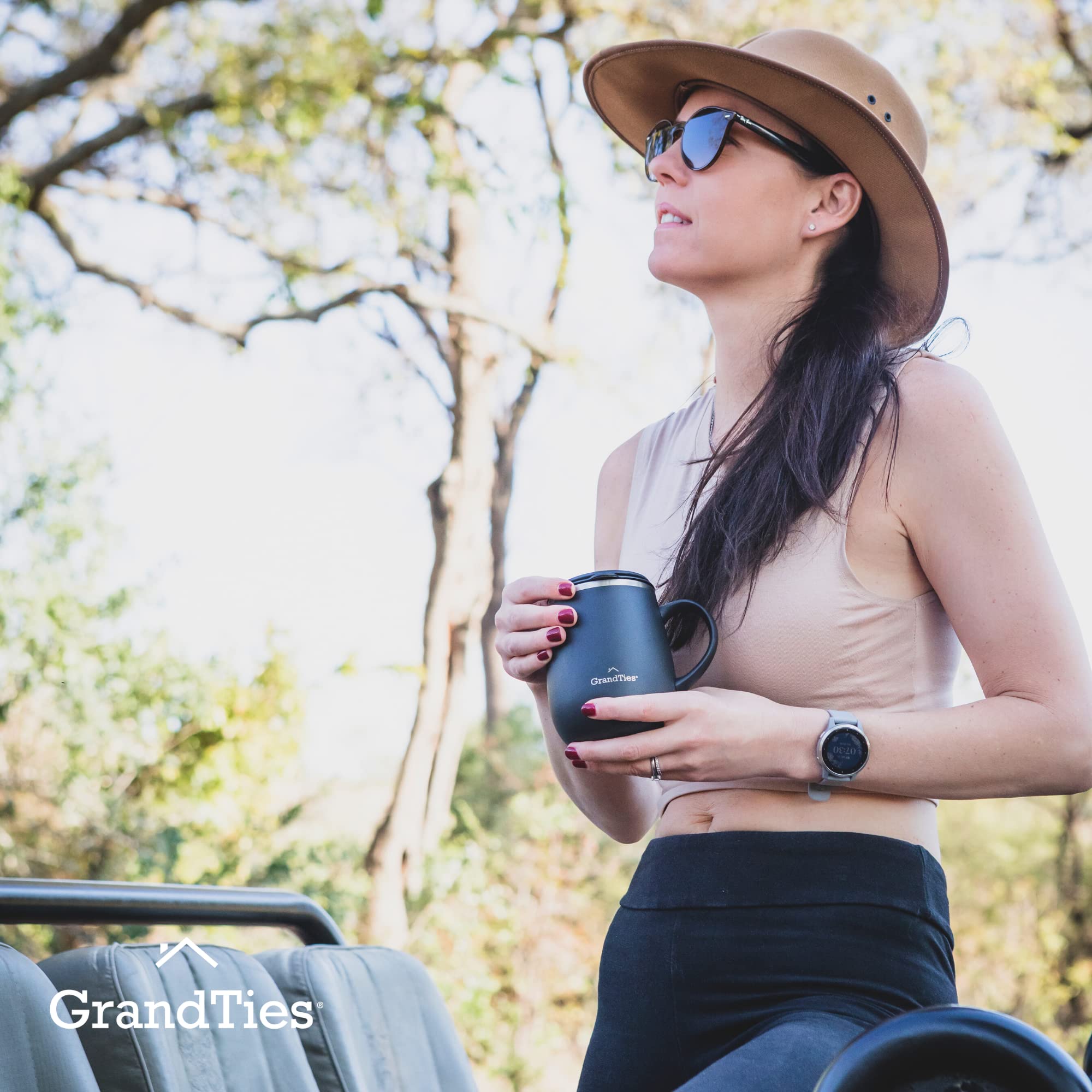 GRANDTIES Insulated Coffee Mug with Handle - Sliding Lid for Splash-Proof 16 oz Wine Glass Shape Thermos Tumbler with Double Walled Vacuum Stainless Steel to Keeps Beverages Hot or Cold - Black