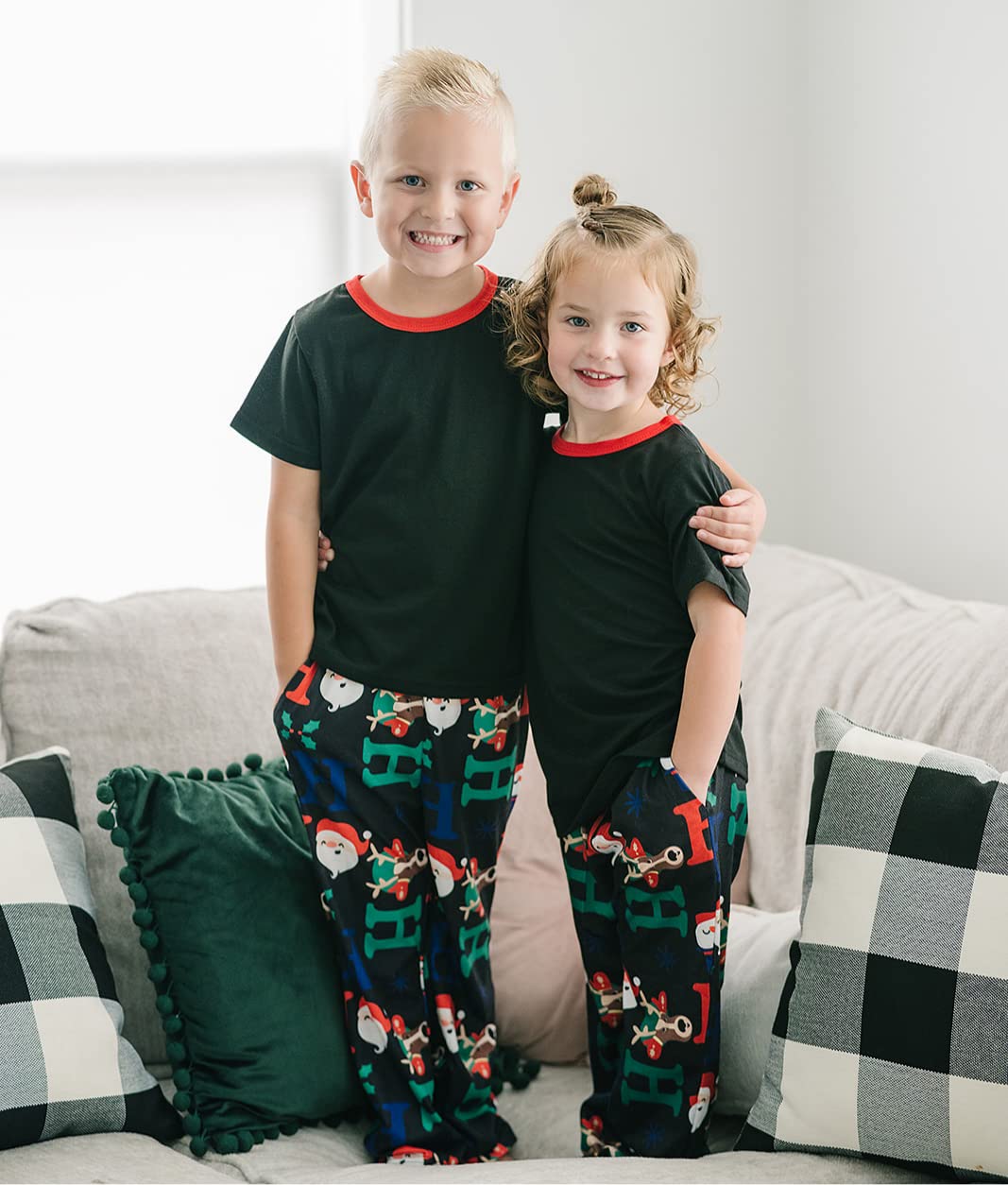 IFFEI Matching Family Pajamas Sets Christmas PJ's with Short Sleeve Black Tee and HOHOHO Print Pants Loungewear with Pocket Women L