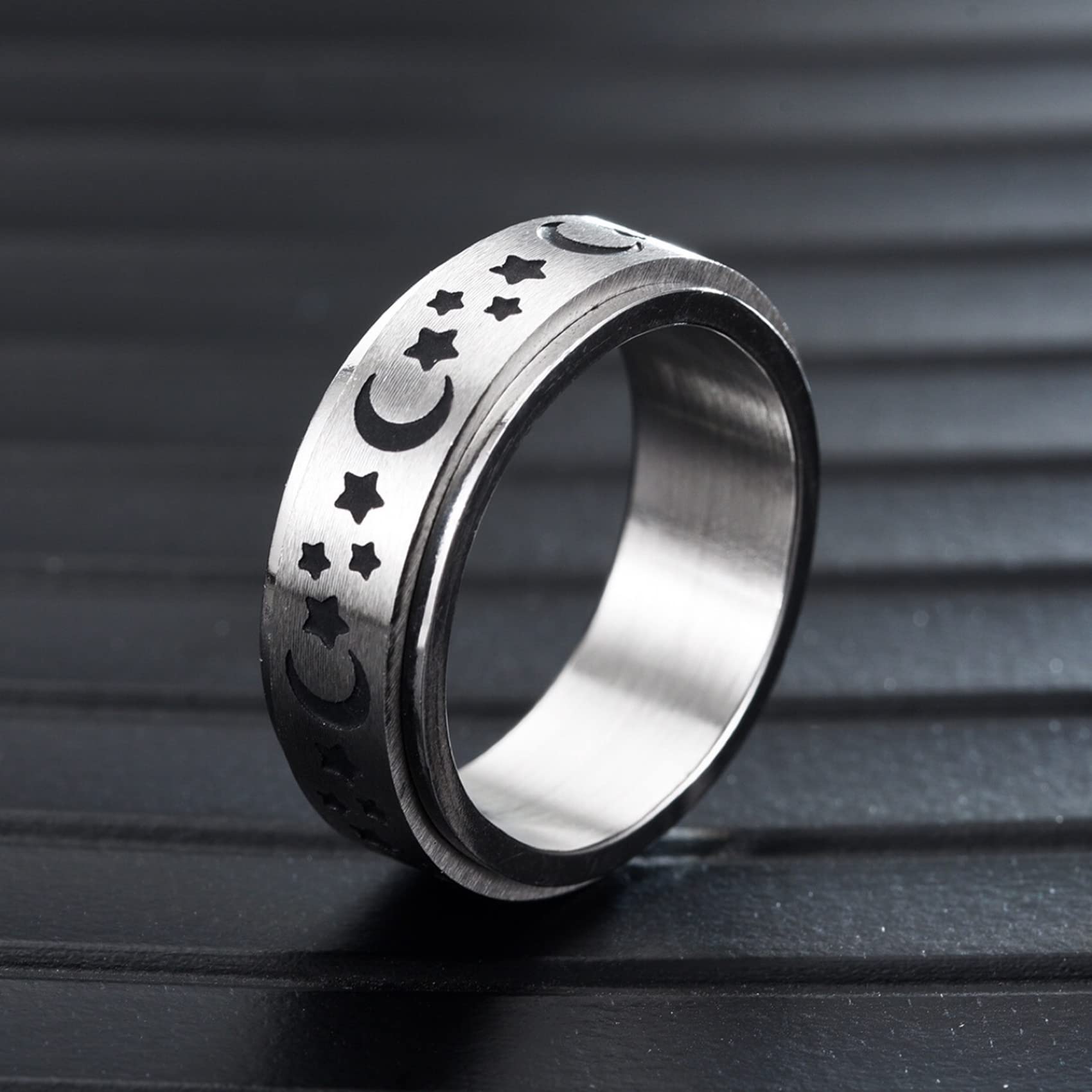 Kshcf Spinner Ring Titanium Steel Ring Anxiety Ring Fashion Decompression Ring Moon and Star Fidget Ring for Women Men,Size 11, Steel Black