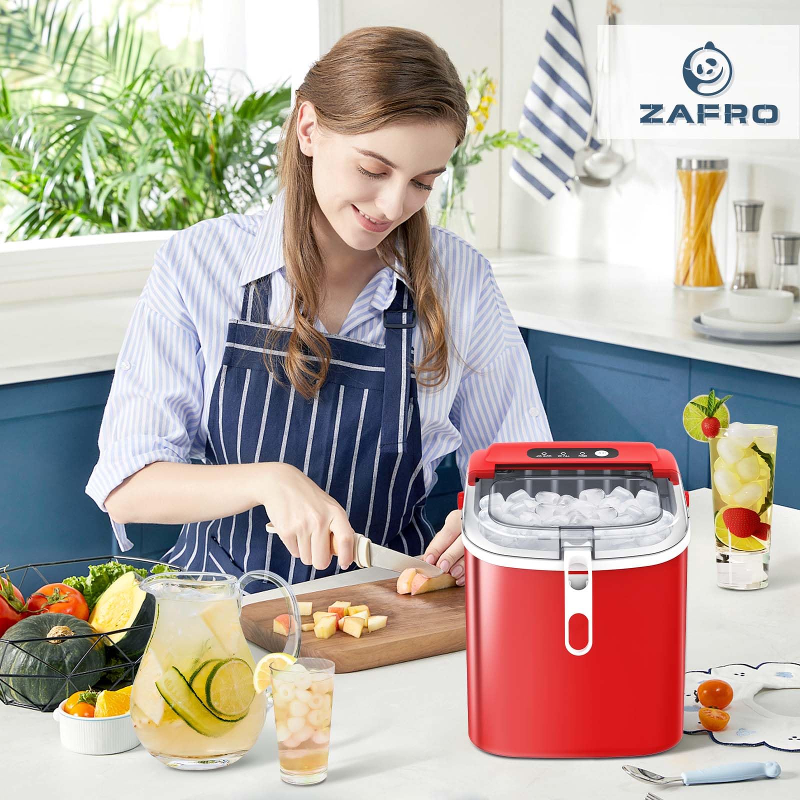 ZAFRO Ice Makers Countertop, Portable Ice Machine with Handles, Self-Cleaning Ice Makers with Basket and Scoop, 9 Cubes in 6 Mins, 26 lbs Per Day, Suitable for Your Kitchen, Office, Party (Red)
