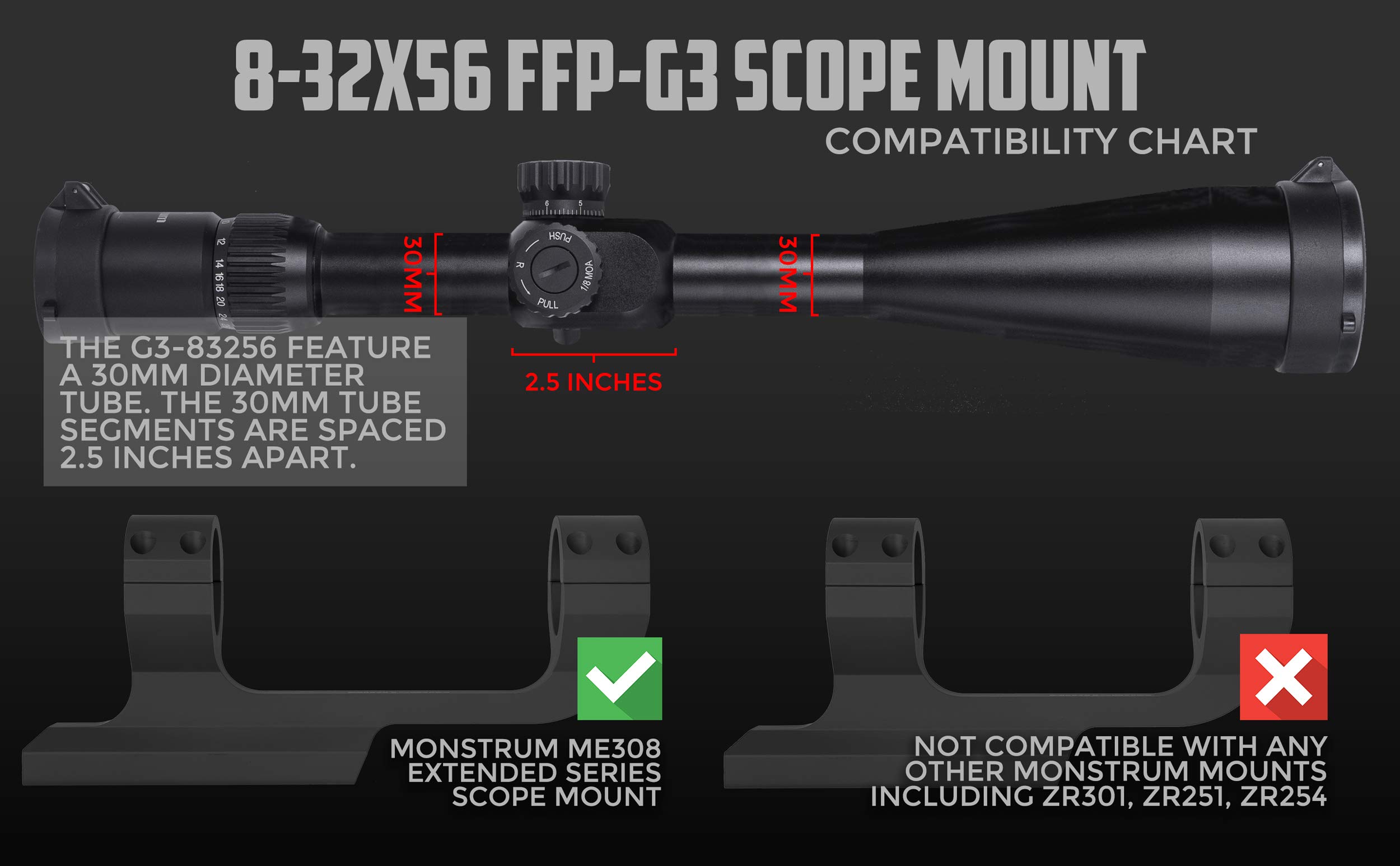 Monstrum G3 8-32x56 FFP Rifle Scope | Monstrum Extended Length Offset Scope Mount | 20 MOA | Bundle