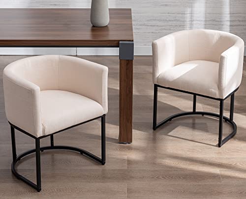 VESCASA Linen Upholstered Dining Chairs with Barrel Back, Mid Century Modern Padded Restaurant Chairs with Black Metal Frame for Kitchen, Dining Room, Set of 6, Cream