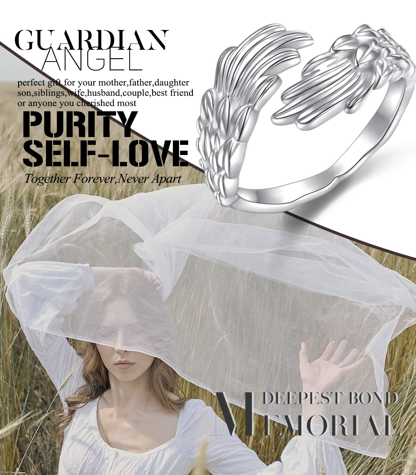 Ladytree Feather Angel Wings Adjustable Sterling Silver Open Thumb Ring for Women Loss of Mom Daughter Loved Ones Mother’s Day Rememberance Sympathy Memory Miscarriage Purity Jewelry Size 7