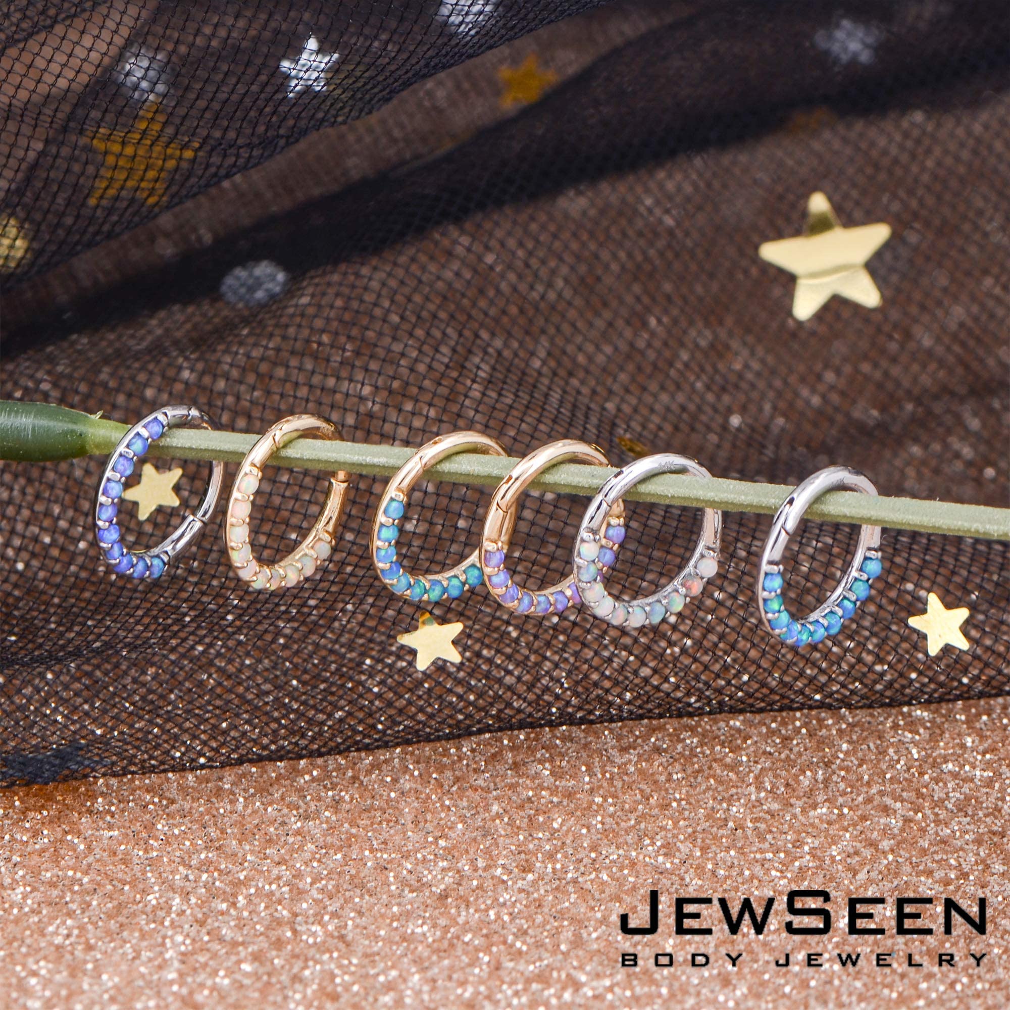 Jewseen 14K Gold Opal Lined Set Hinged Segment Hoop Rings 16g Septum Clicker Nose Rings Daith Trgaus Helix Earring Body Piercing