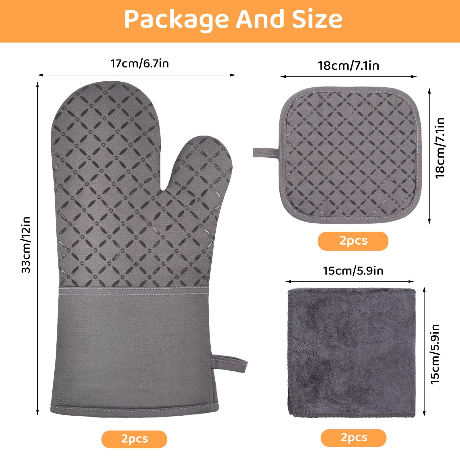 IXO 6Pcs Oven Mitts and Pot Holders, 500°F Heat Resistant Oven Mitts with Kitchen Towels Soft Cotton Lining and Non-Slip Silicone Surface Safe for Baking, Cooking, BBQ