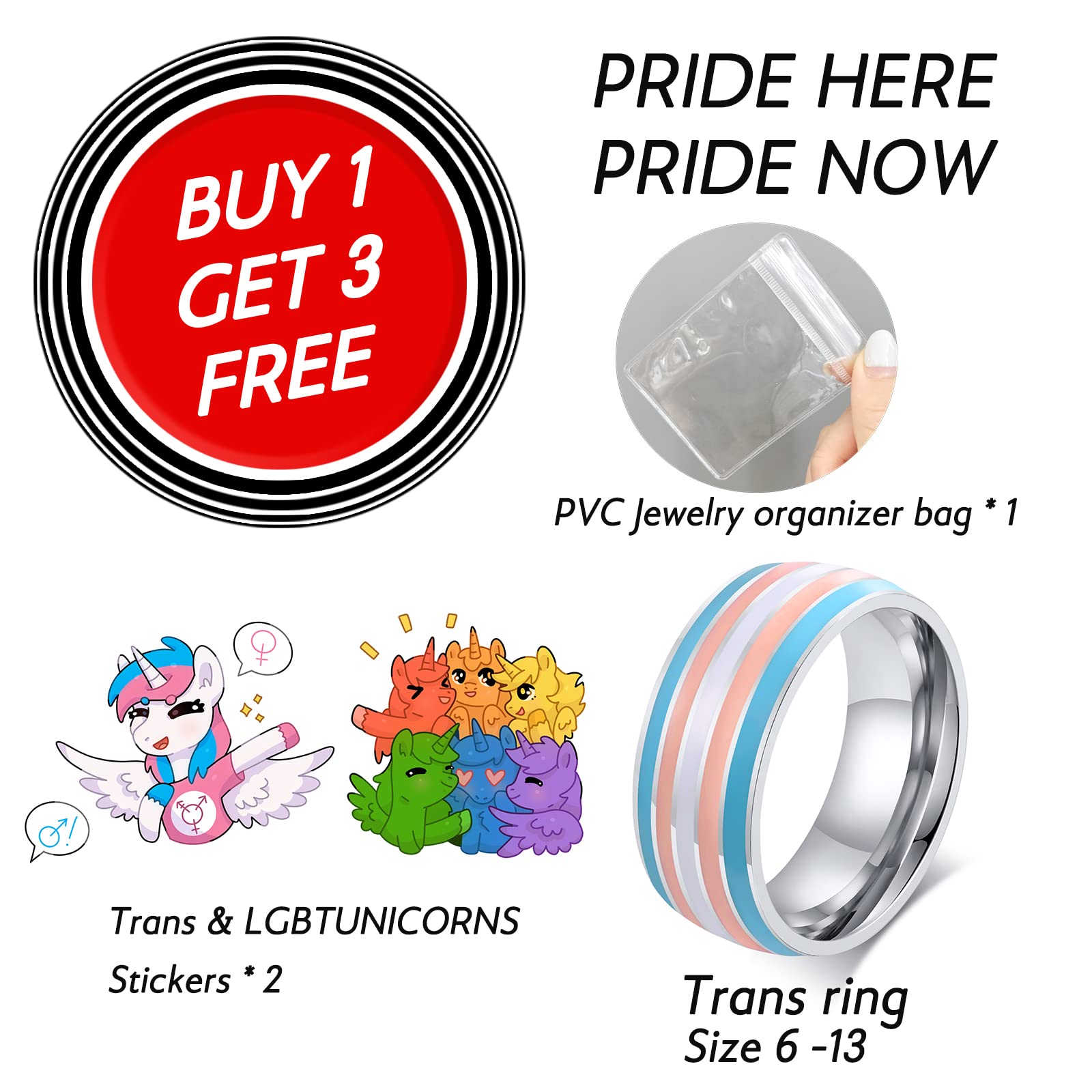 LGBT UNICORNS Transgender Ring, Trans Pride jewelry Stainless Steel Ring for man & woman, Size 6-13