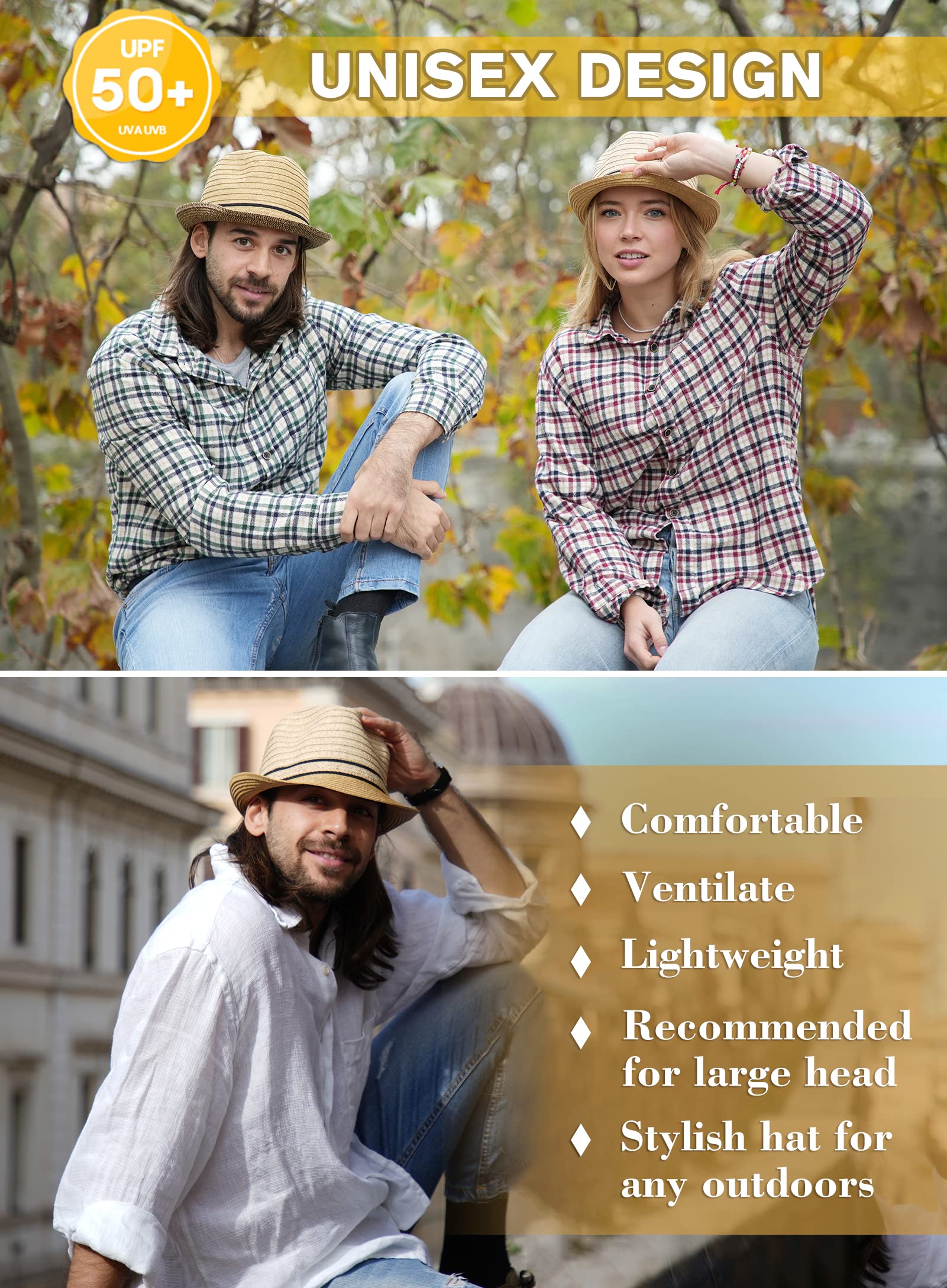 Jeff & Aimy 1920s Straw Panama Fedora Hat Cap for Men 1920s Gatsby Derby Hat for Womens Coffee Large