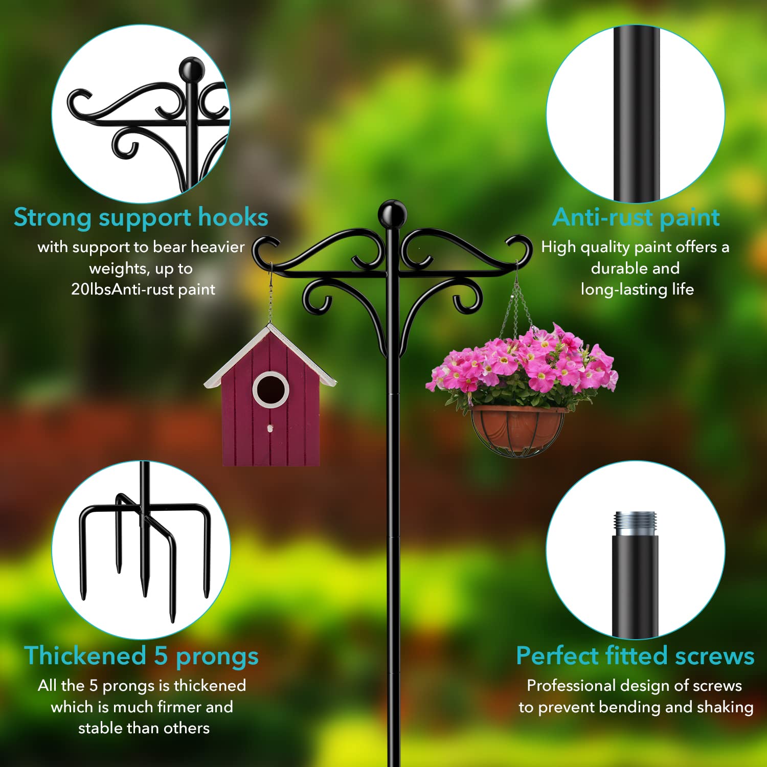 Keten Shepherds Hooks for Outdoor, 75” Double Bird Feeder Poles with 5 Prongs, Adjustable Outdoor Plant Hanger Hooks for Bird Feeder, Plant Baskets, Lanterns, Wedding Decor(2 Pack)