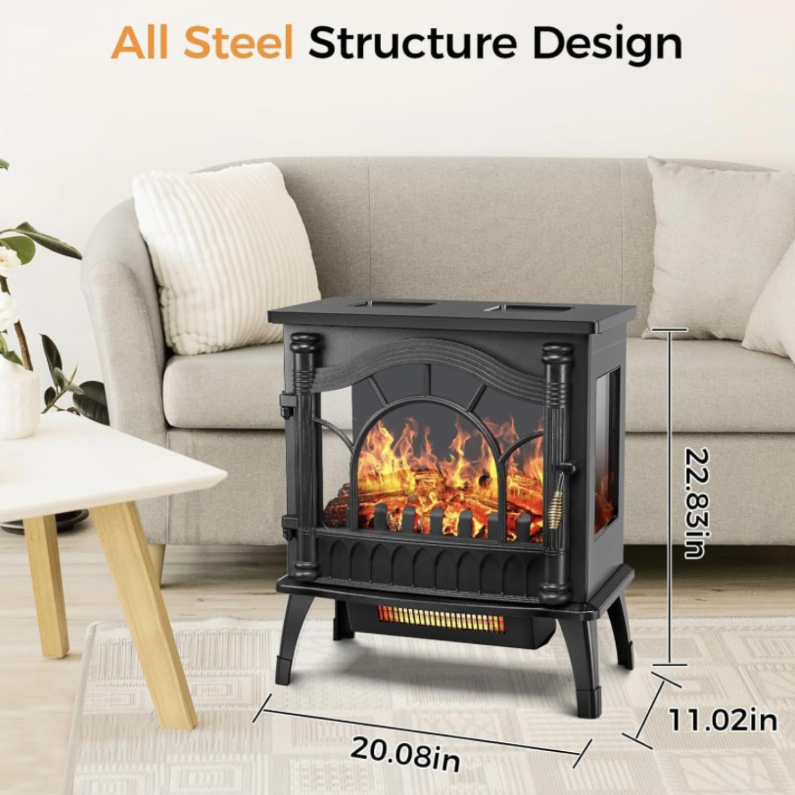 Joy Pebble Electric Fireplace Heater, 20'' Infrared Fireplace Heater 1000/1500W, 3D Realistic Flames Effect, ETL Certificated & Low Noise, Adjustable Flame Brightness, Overheating Protection