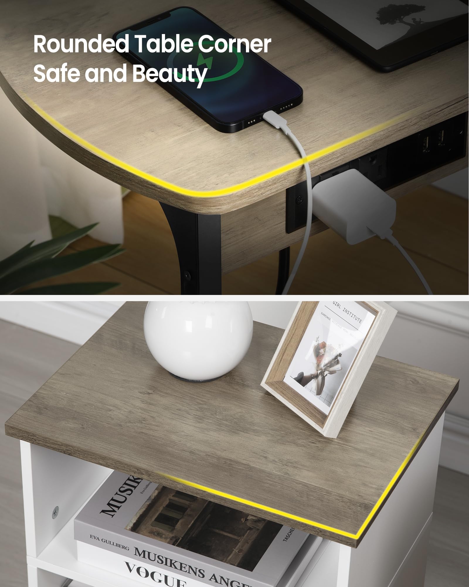 Hzuaneri L Shaped End Table with Charging Station, Bed Side Table with USB Port & Outlet, Couch Table, C Snack Table for Living Room, Bedroom, Greige and Black ET04905B