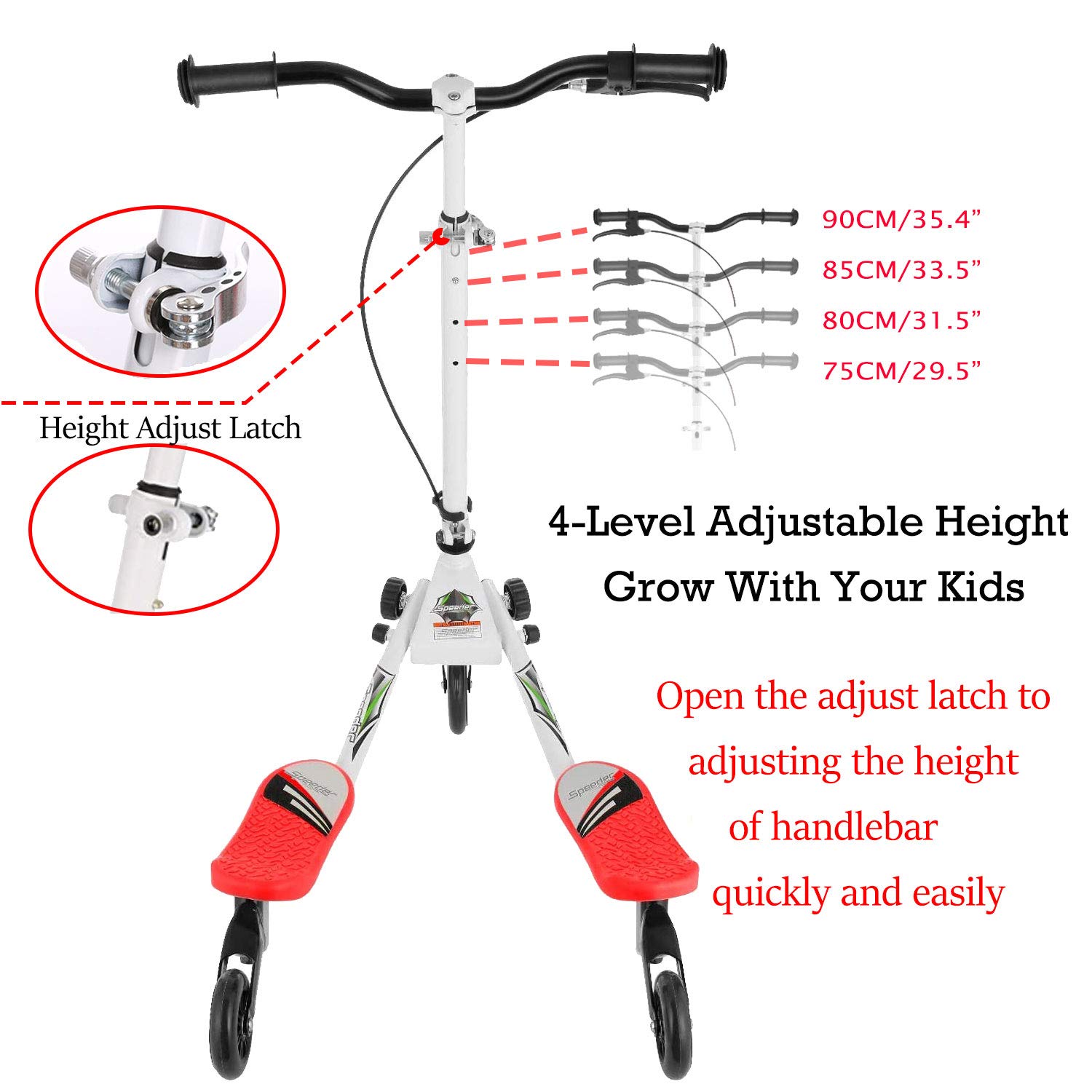 KGK Y Flicker Scooter for Kids,Swing Wiggle Scooter, Adjustable 3 Wheels Foldable Driving Push Drifter for Kids Age 5 Years Old and Up (red)