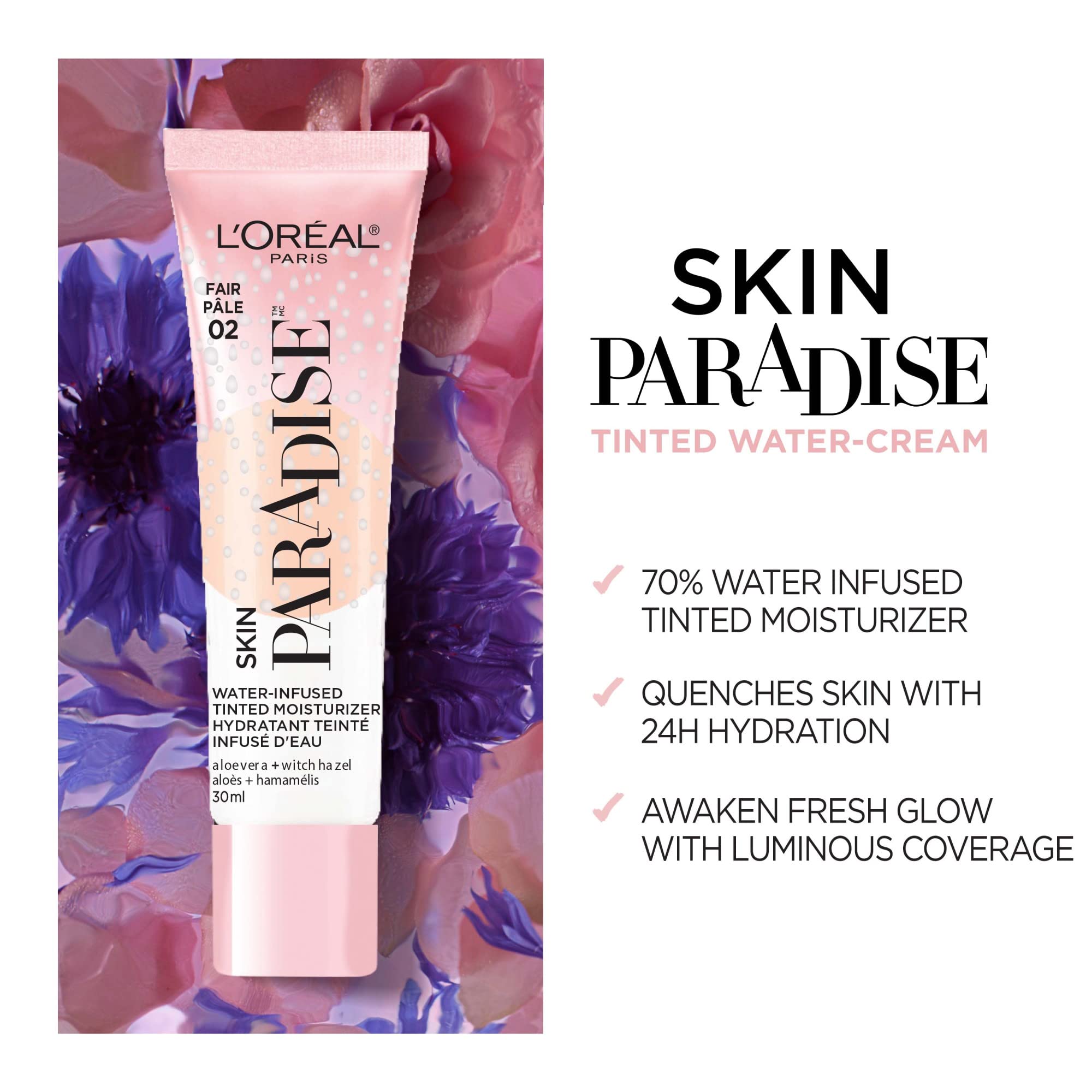 L'Oreal Paris Skin Paradise Water-infused Tinted Moisturizer with Broad Spectrum SPF 19 sunscreen lightweight, natural coverage up to 24h hydration for a fresh, glowing complexion, Medium 01, 1 fl oz