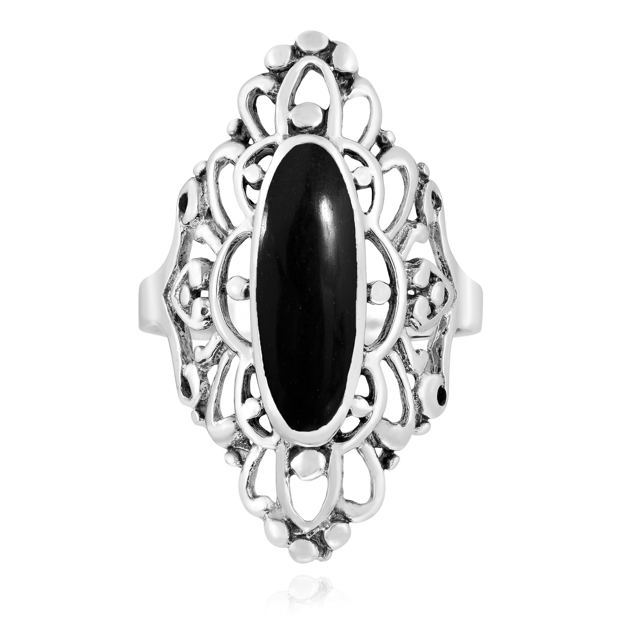 Heart Filigree Oval Simulated Black Onyx .925 Sterling Silver Ring (10)