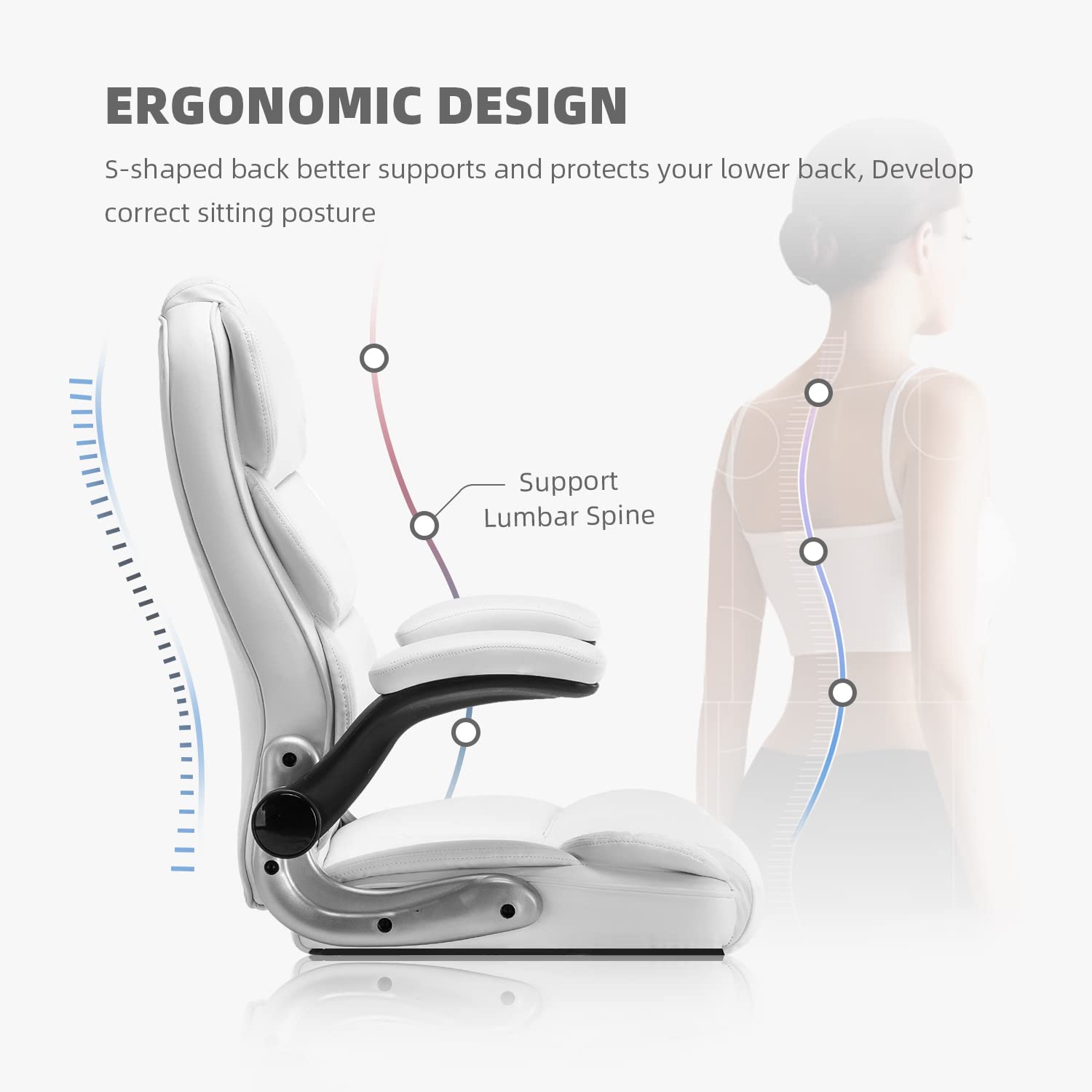 KERMS High Back Office Chair PU Leather Executive Desk Chair with Padded Armrests,Adjustable Ergonomic Swivel Task Chair with Lumbar Support (white2)