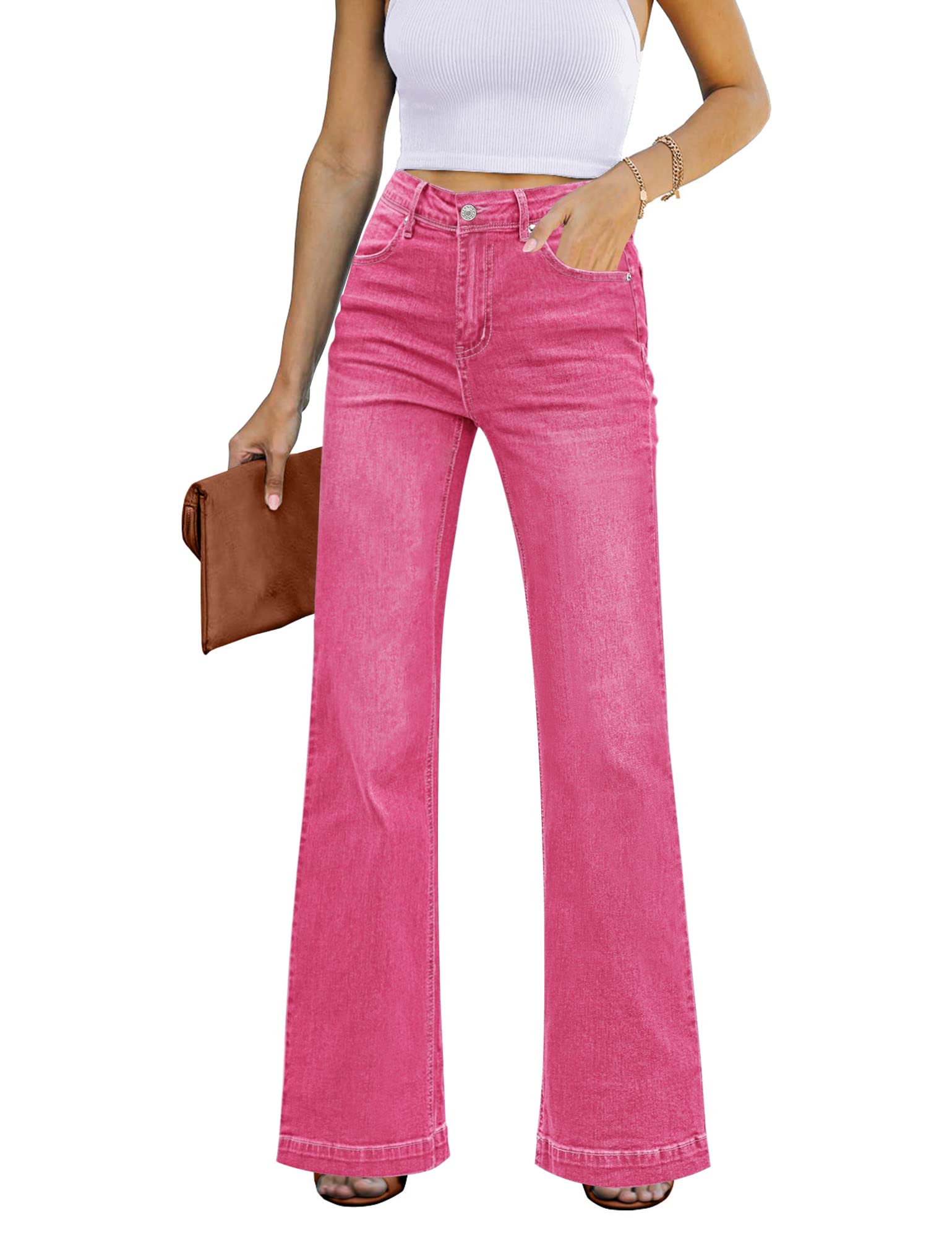 GRAPENT Womens Plus Size Jeans for Women Stretch High Waisted Flare Jeans Ripped Jeans Womens Stretch Jeans 70s Outfits for Womens Jeans Size 12 Wide Leg Pants for Women Color Hot Pink Size 14