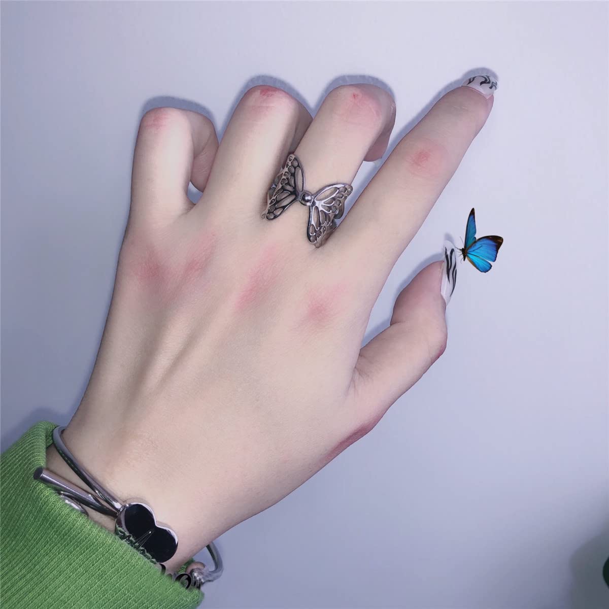 ItsStarred 6pcs Smiley Crying Face Knuckle Ring Set Chunky Adjustable Butterfly Vintage Silver Mushroom Star Flower Ring Pack for Women