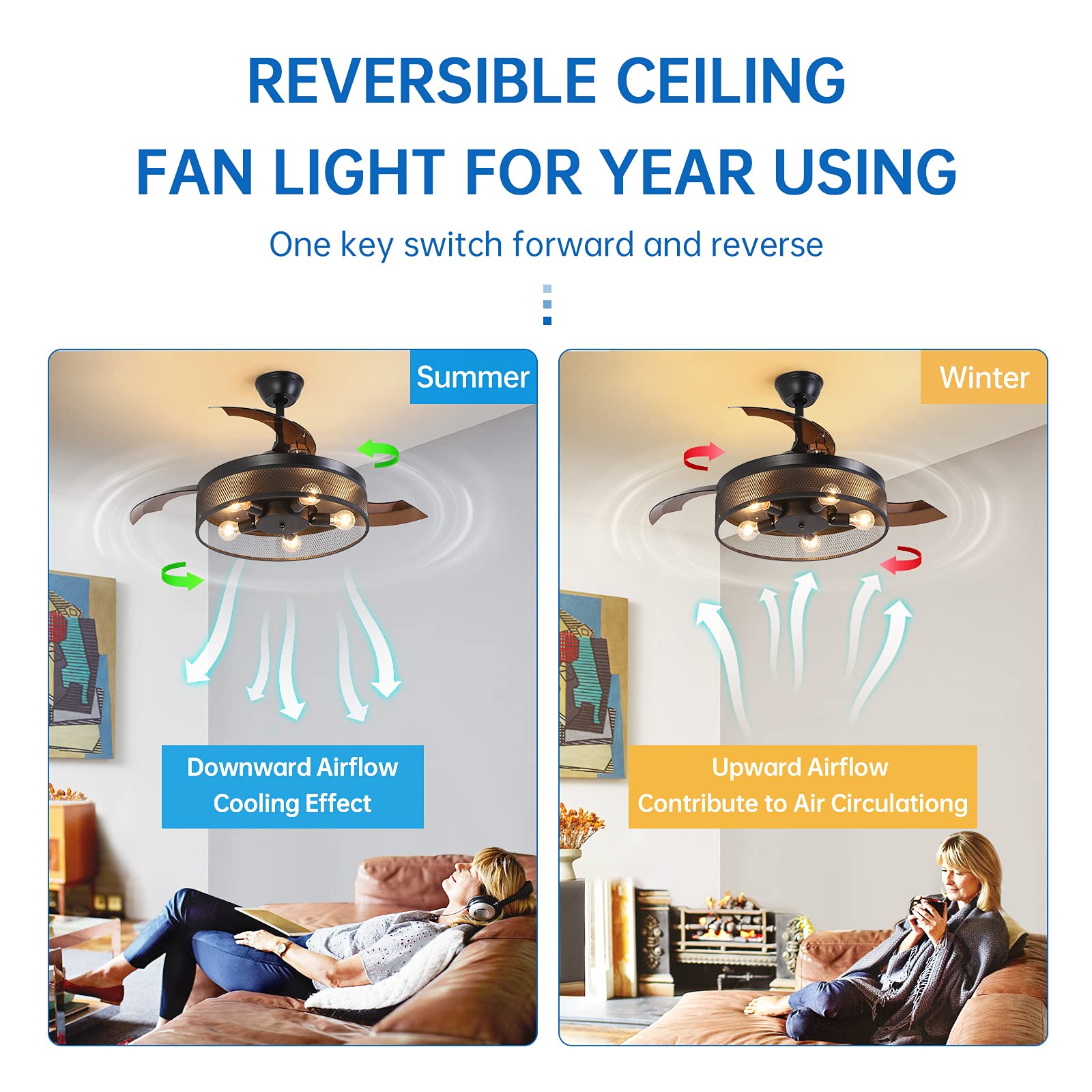 LINJO 42" Retractable Ceiling Fan with Light Black Noiseless Industrial Ceiling Fan with Remote Control 6 Wind Speeds for Living Room Bedroom Kitchen [Easy Installation] [3 Colors 5 E26 Led Bulb]