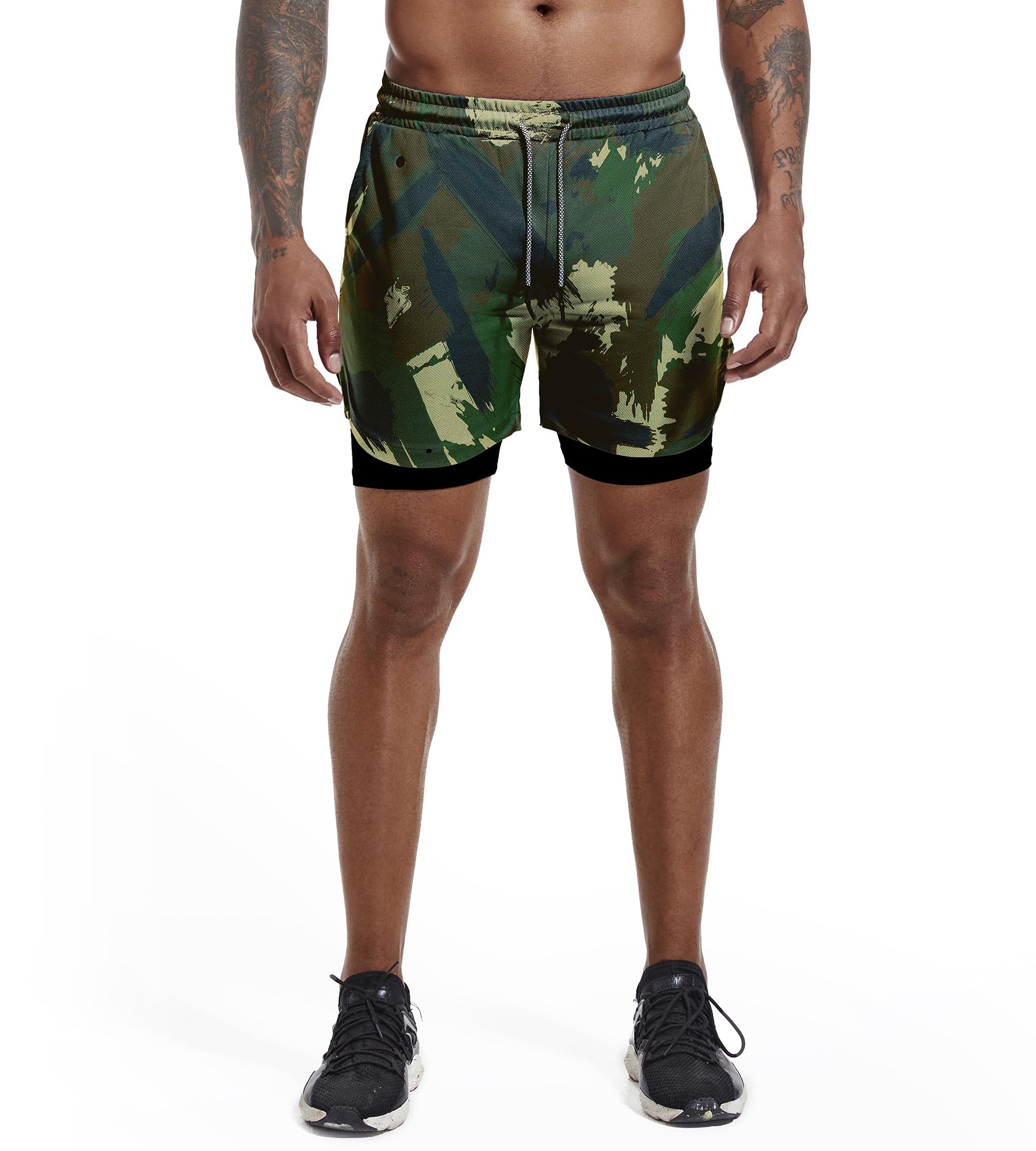 Men's 2 in 1 Workout Gym Running Shorts Athletic 7'' Dry Fit Mens Shorts Lightweight Short Pants with Compression Liner(CMGN L) Camouflage Green
