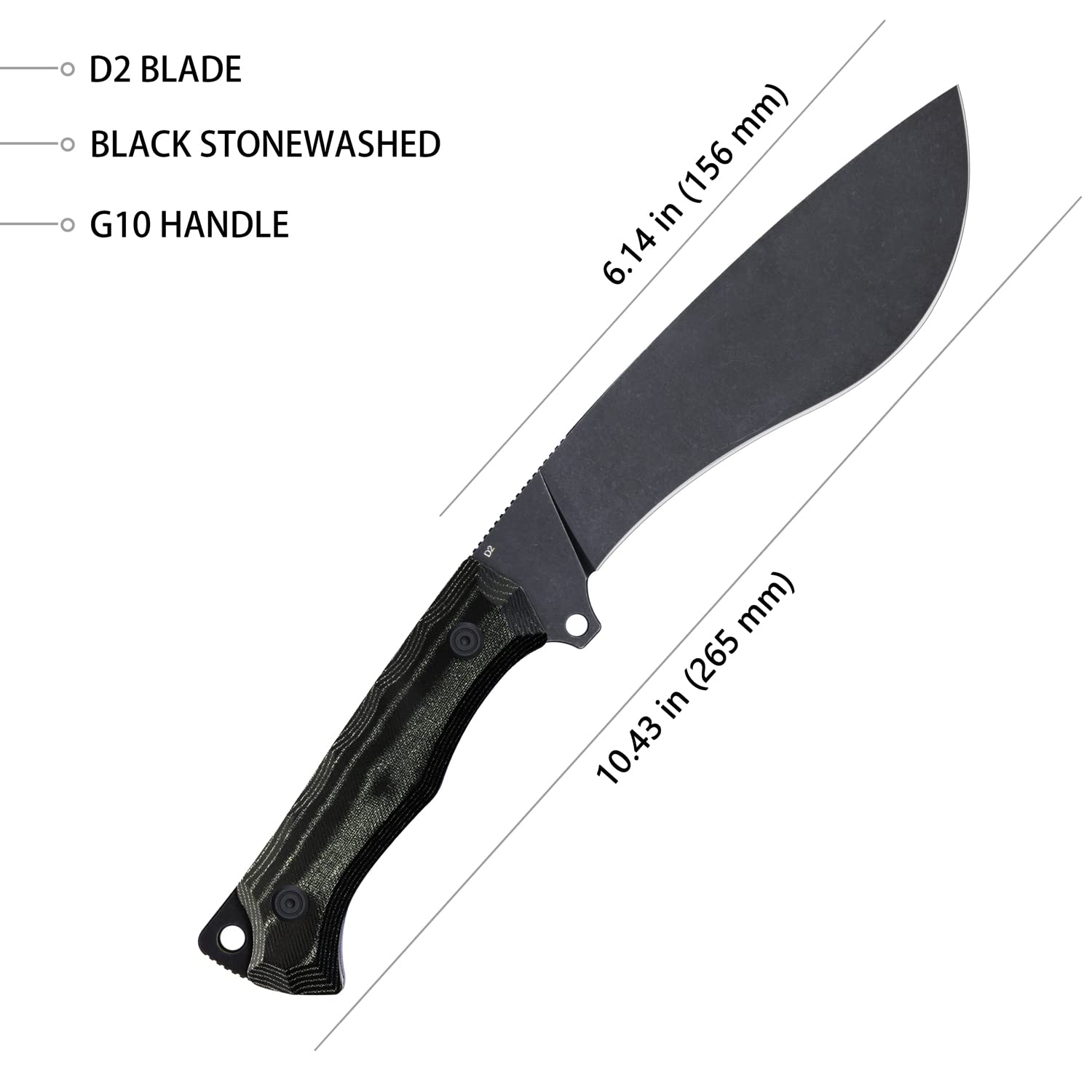 Kubey Machete KU241 Fixed Blade Outdoor Knife with G10 Handle Kurki Style Blade for Camping Hunting and Survival w/Black Kydex Sheath (Darkwashed)