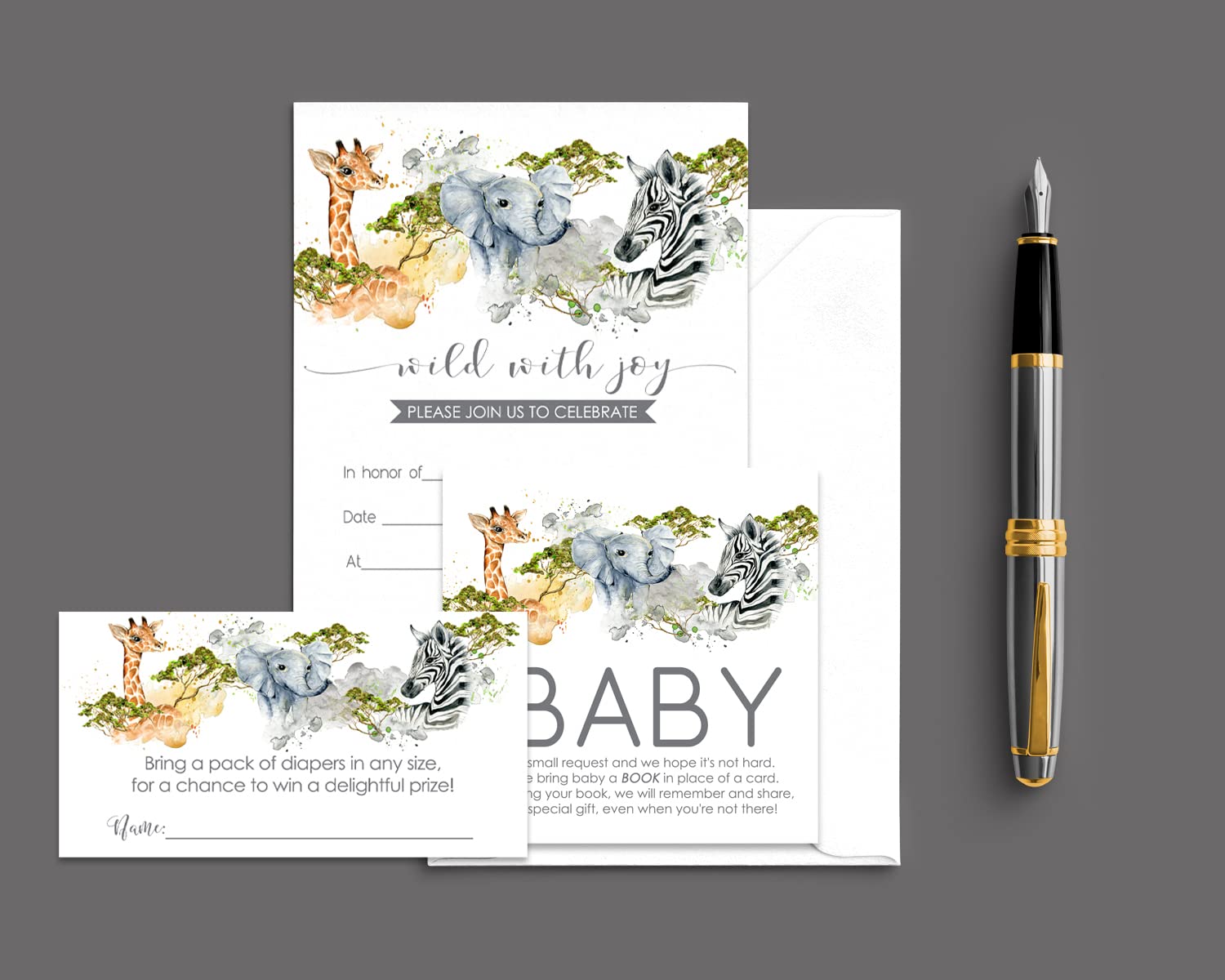 Jungle Baby Shower Invitation Bundle (25 Guests) Pack Includes Blank Invites with Envelopes for Boys or Girls, Diaper Raffle Insert and Bring a Book Cards Set – Royal Safari Theme Gender Reveal