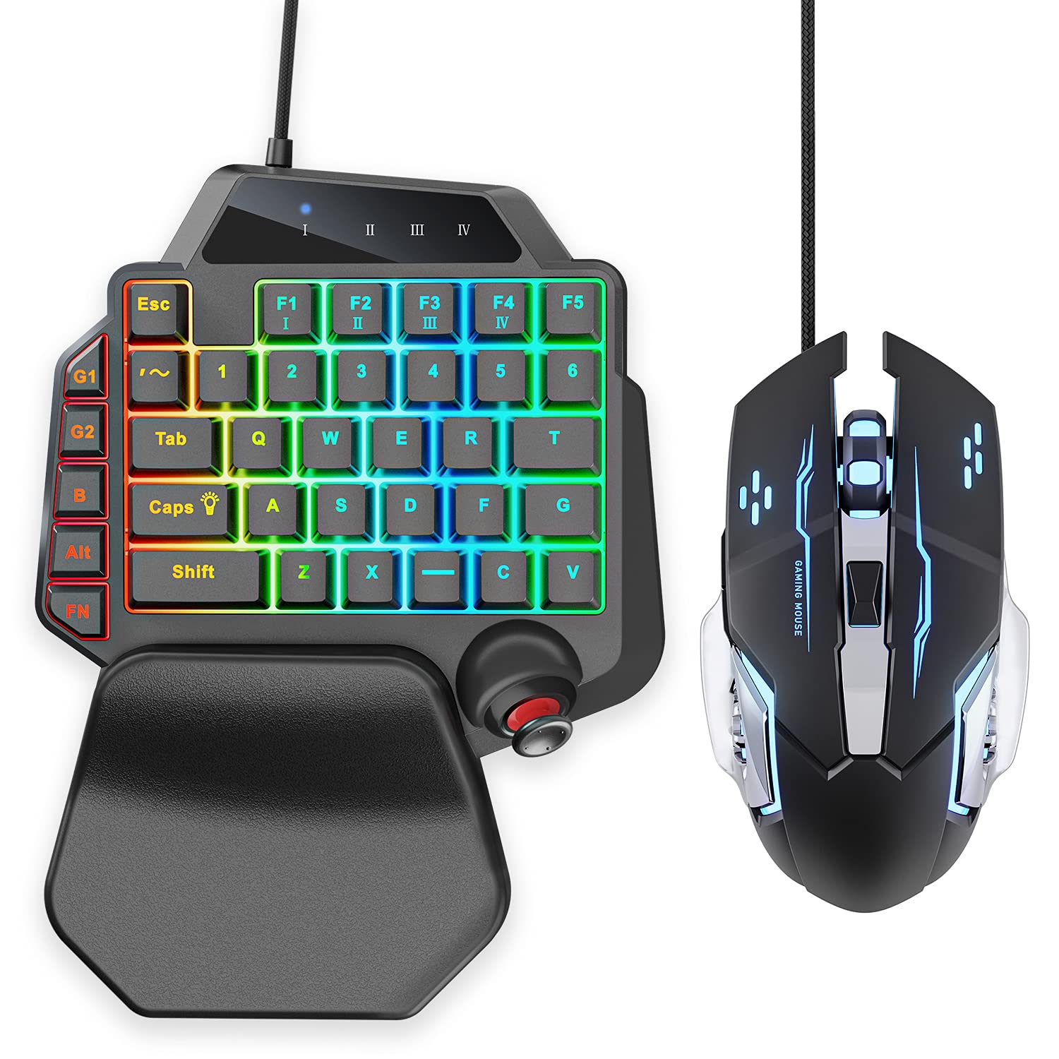 IFYOO K96 USB Wired Gaming 36 Keys One-Handed Keyboard and Mouse Combo Set for PC Games (Windows 10/8/7/XP, Linux), with RGB Backlit, Analog Joystick (with 4 Profiles), Wrist Rest, 2 Macros Keys