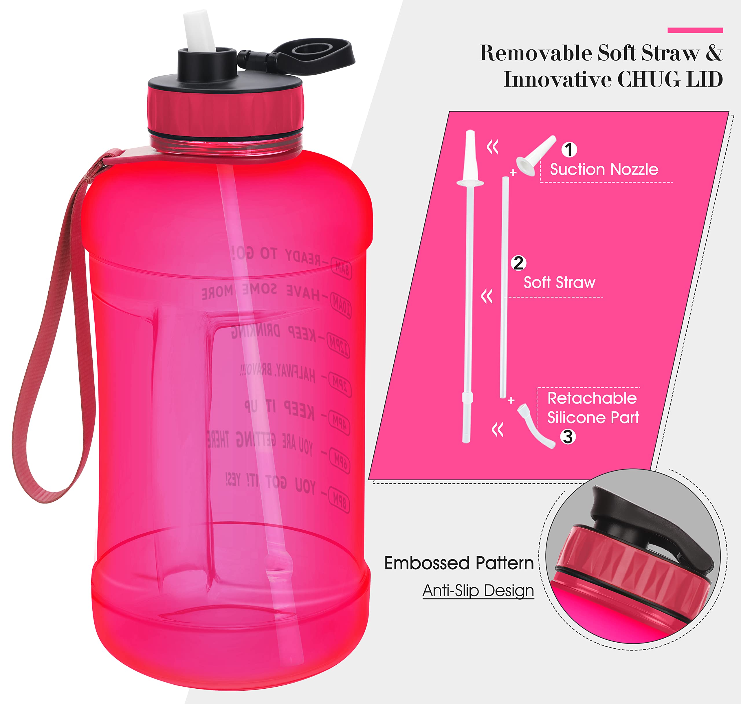 KEEPTO 64 oz Water Bottles with Times to Drink,BPA Free Motivational Gallon Water Jug with Straw,DeepPink