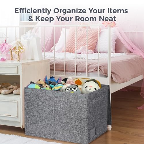 Joyibay Large Storage Box Chest Storage Organizer with Lid & 2 Adjustable Compartments, Collapsible Kids Boxes Basket Bins with Sturdy Handles for Boys and Girls, Nursery, Playroom (Grey)